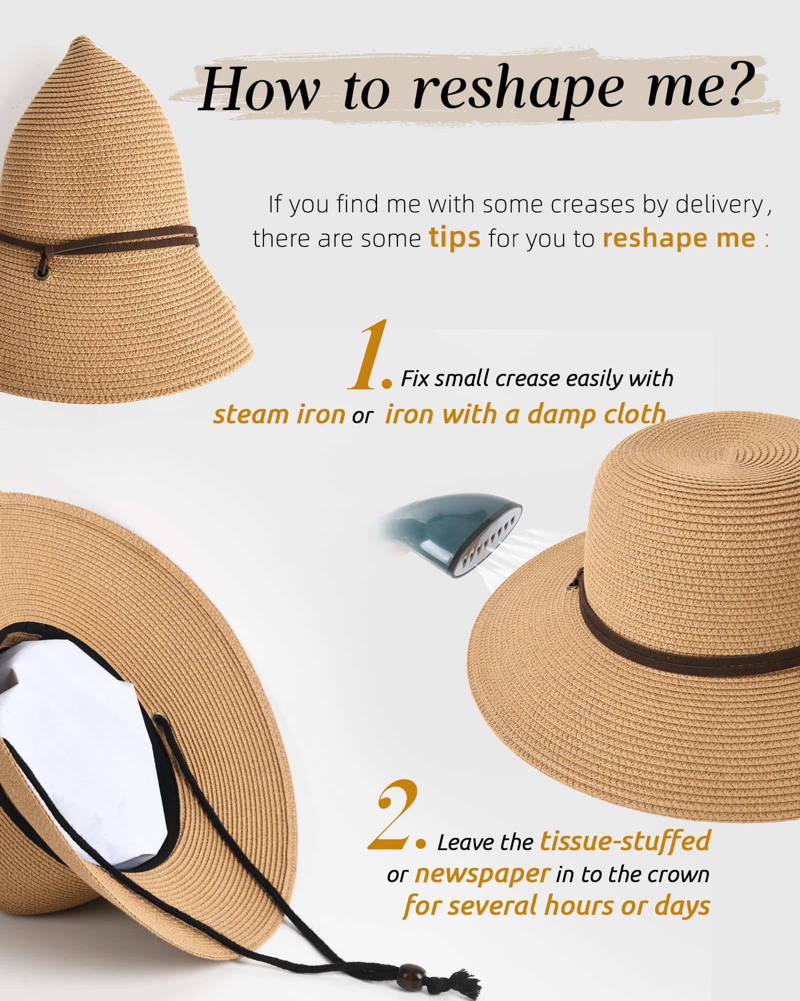 FURTALK Womens Wide Brim Sun Hat with Wind Lanyard UPF Summer Straw Sun Hats for Women A-Khaki