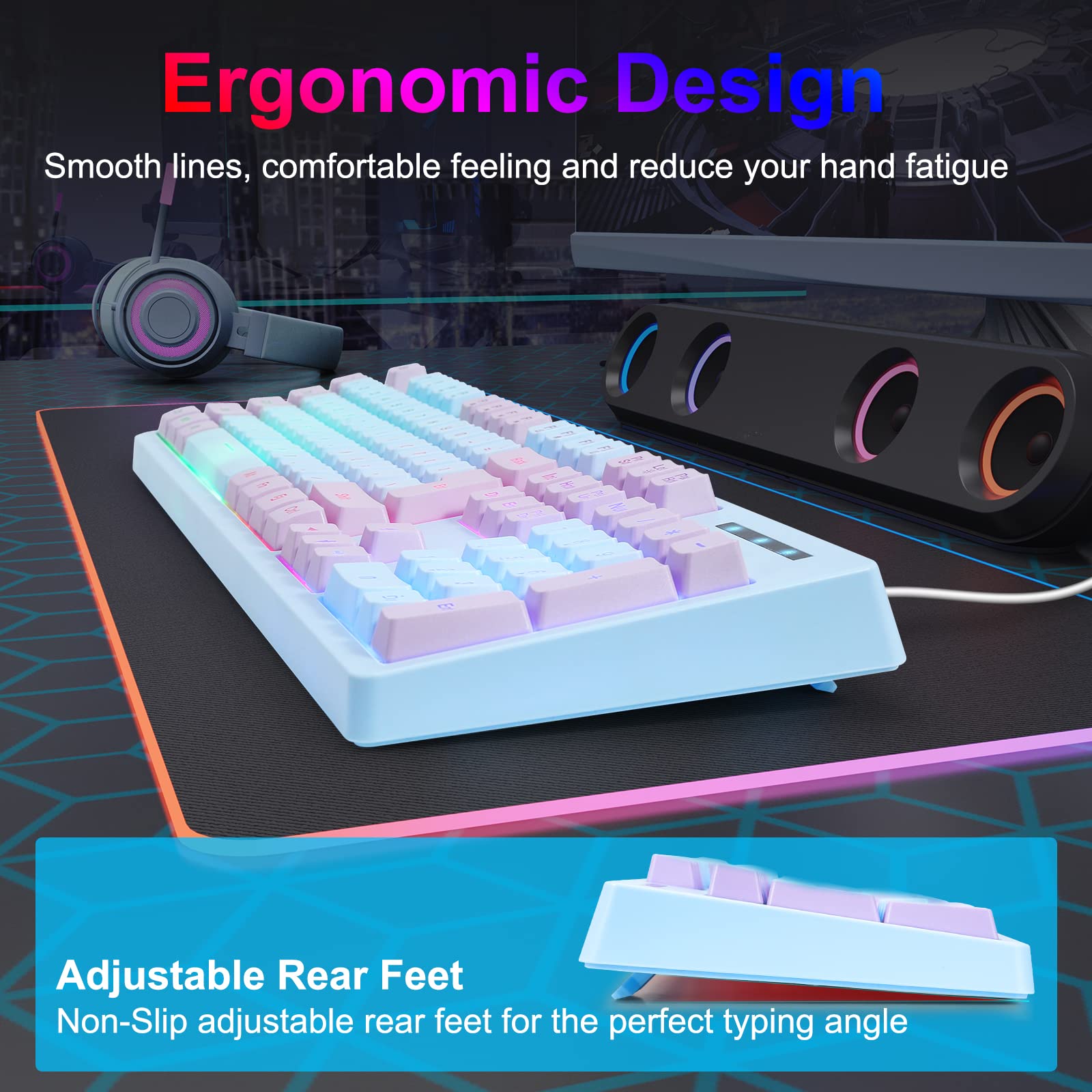 HUO JI Gaming Keyboard USB Wired with Rainbow LED Backlit, Quiet Floating Keys, Mechanical Feeling, Spill Resistant, Ergonomic for Xbox, PS Series, Desktop, Computer, PC, Pink White