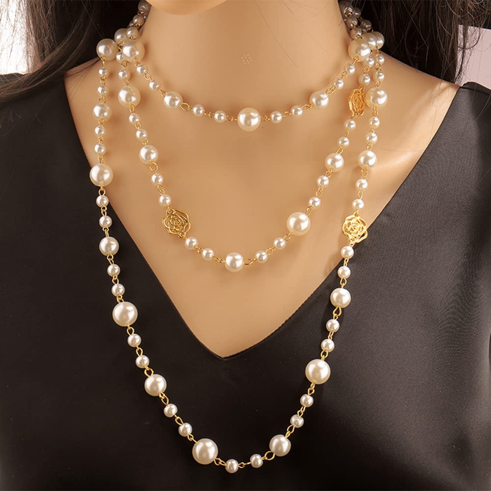 Imitation Pearl Flower Charm Long Strand Necklace for Women (White)