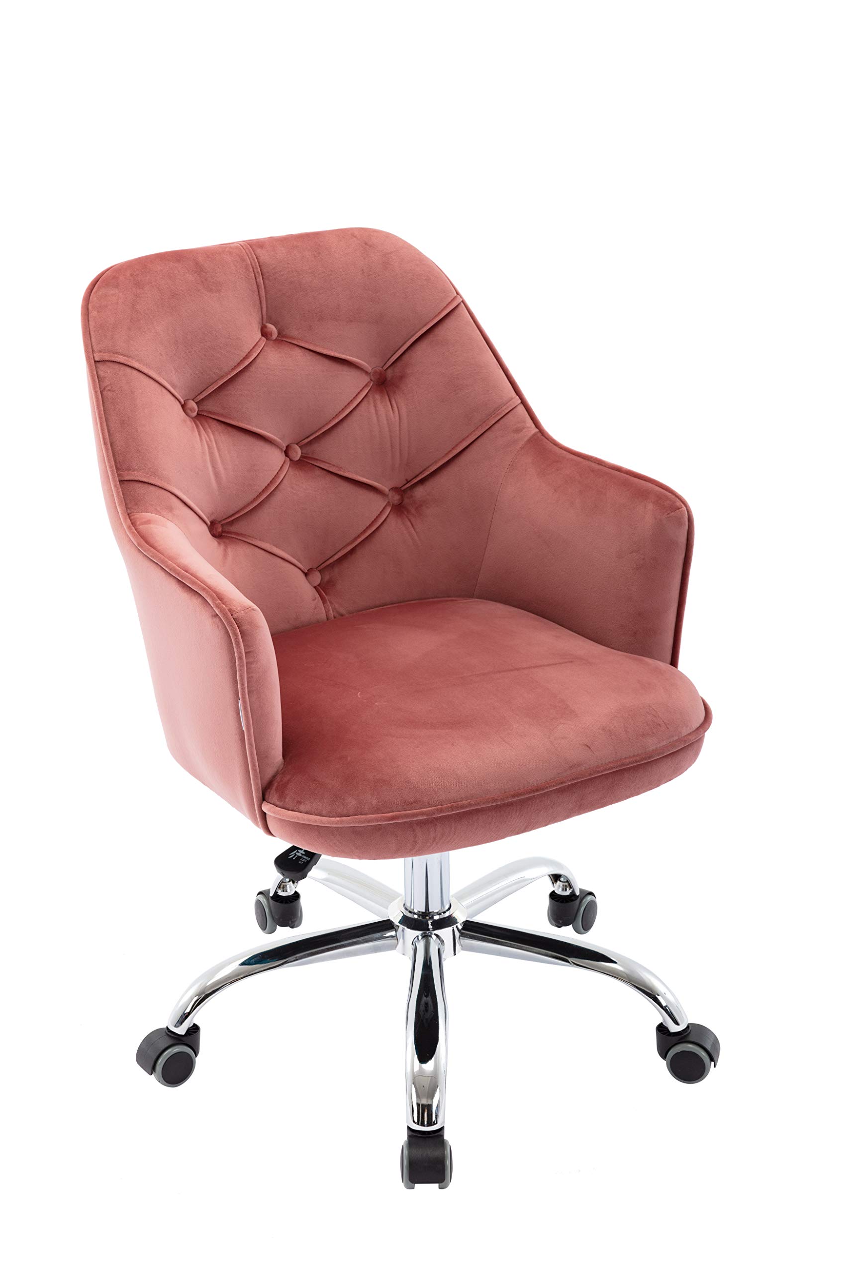 Goujxcy Upholstered Velvet Swivel Chair on Rolling Castors, Adjustable Lift Height Home Office Leisure Armrest Shell Chair with Backrest, Pink