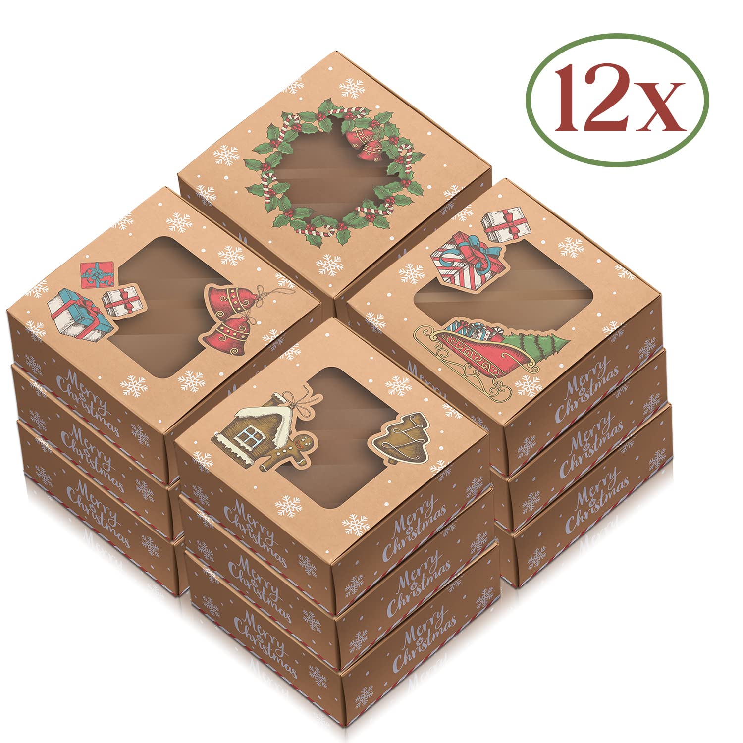 HeroFiber Christmas Cookie Boxes With Window and Lid (Gingerbread House & Santa Themed)