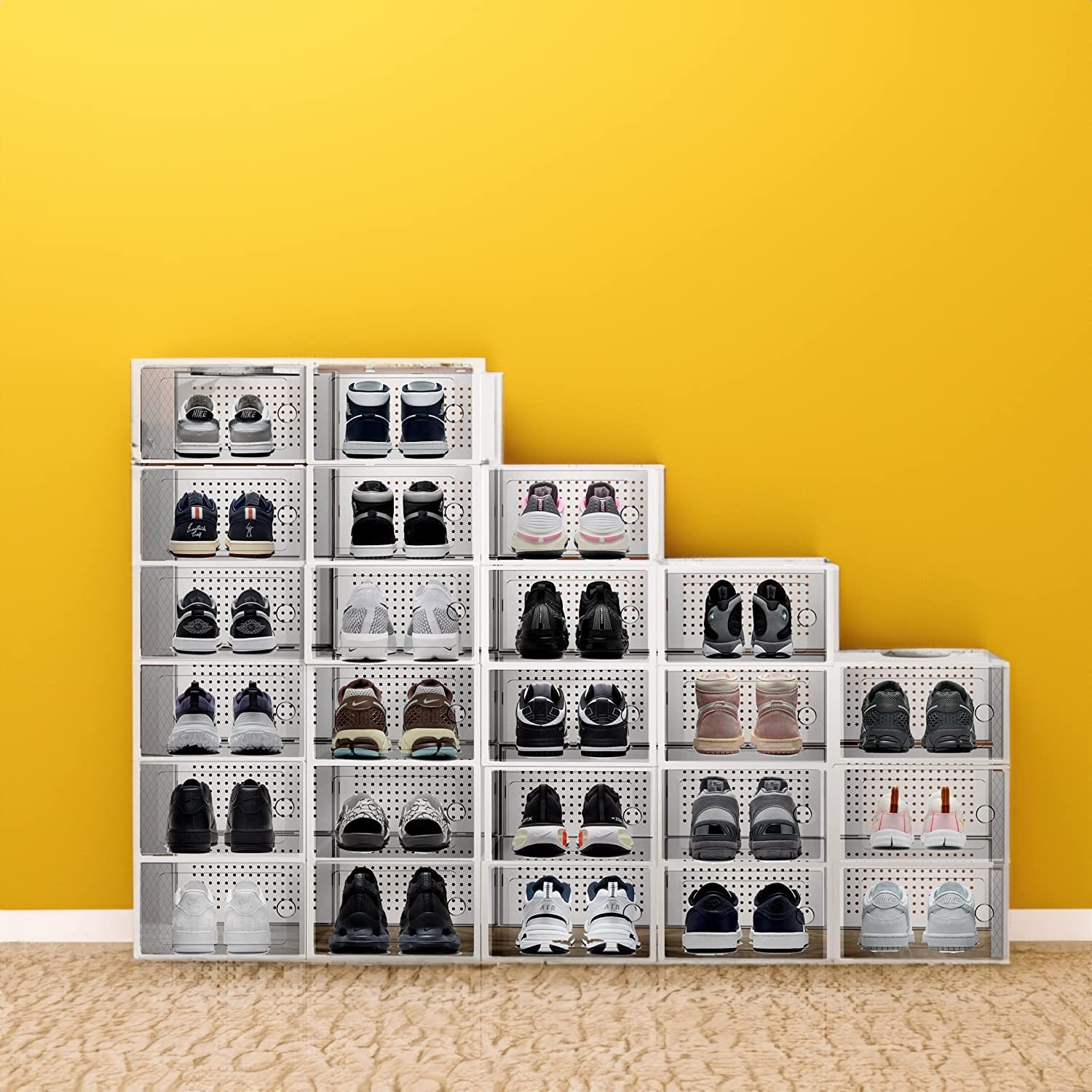 Hourleey 12 Pack Shoe Storage Box, Clear Plastic Stackable Shoe Organizer for Closet, Space Saving Foldable Shoe Rack Sneaker Containers Holders with Lids