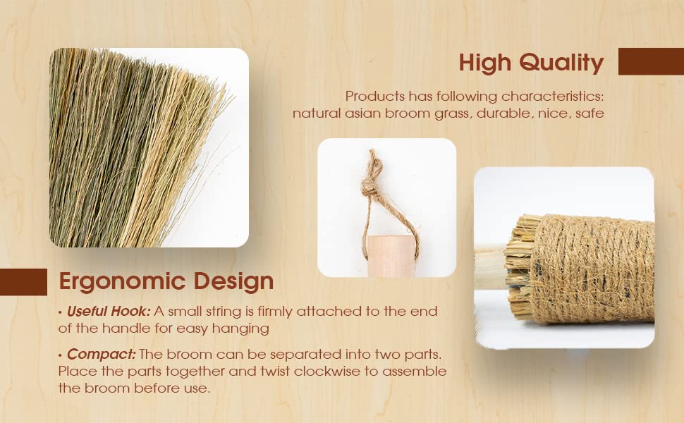 MISCRANAST. Soft Handmade Broom with Wood Handle Retro Nature. Vietnamese Straw Soft Broom for Cleaning. Clean Every Little Corner of Your Space. Use it as a Decoration