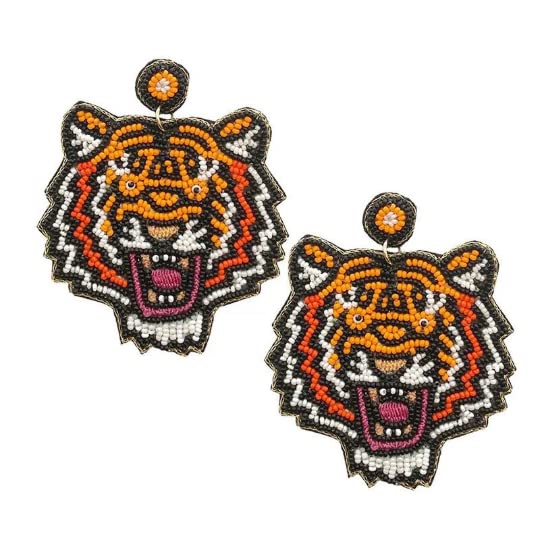 Huge Seed Beaded Tiger Dangle Earrings, Statement Earrings