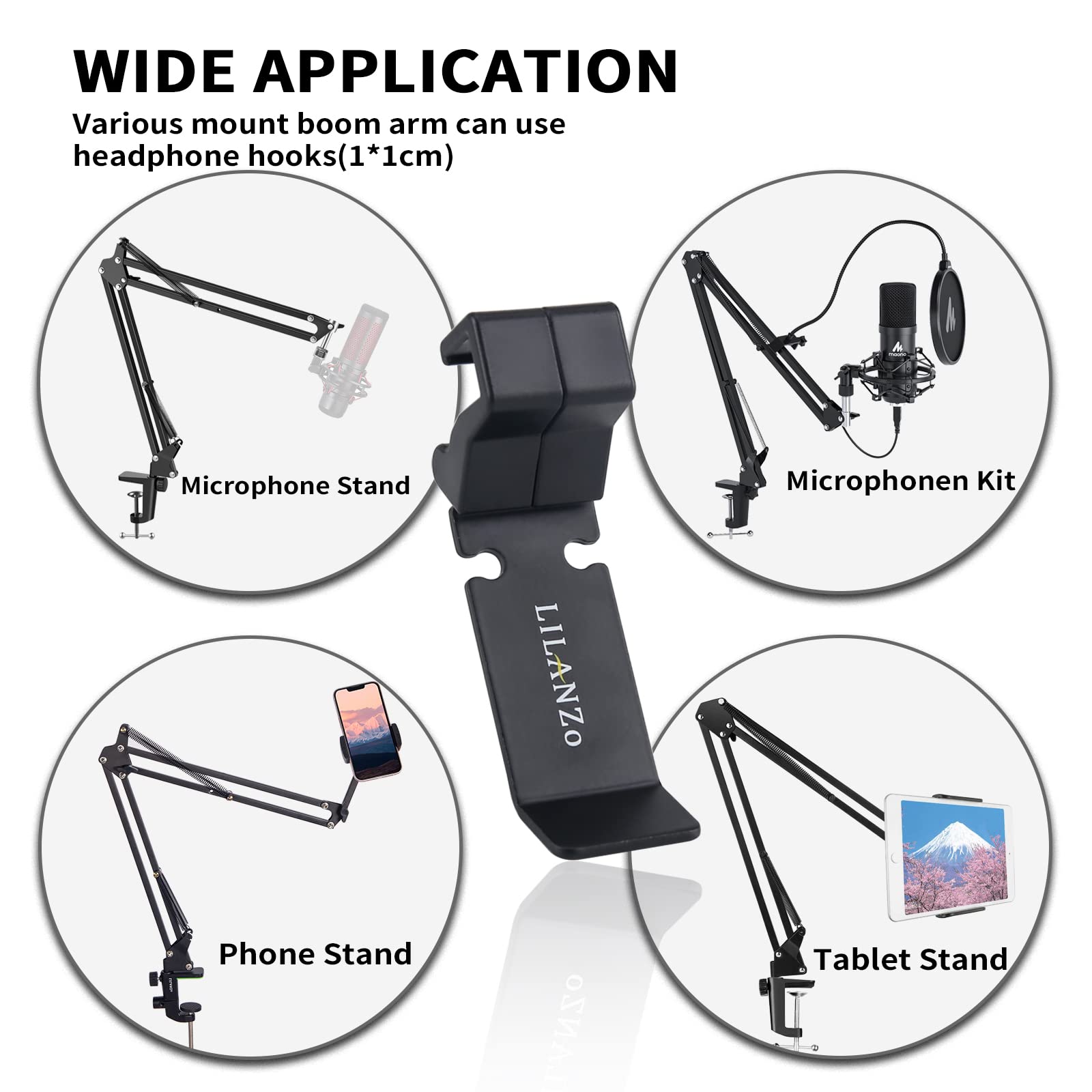 LILANZo Headphone Holder for Gaming Microphone Kit Microphone Stand with Mount Boom Arm, Headset Stand Clamp Hook for Table Phone Mount Stand Holder Desk Bed Mout