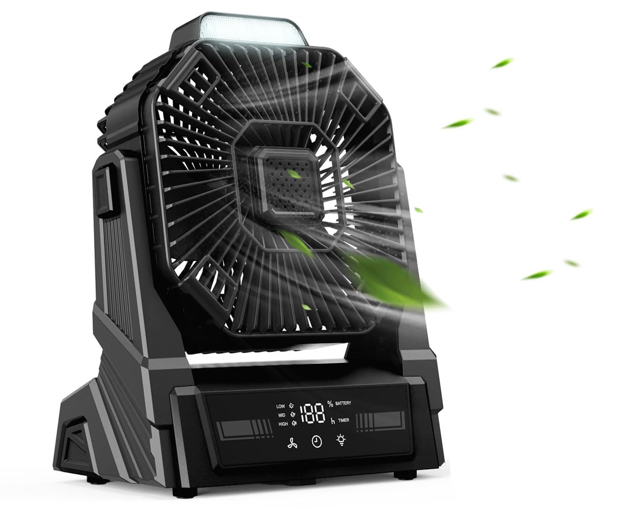 KopBeau Portable Camping Fan with Lights, 20000mAh Rechargeable Battery Operated Fan, Battery Powered Outdoor Beach Tent Fan with 3 Speeds & Hook, Personal USB Table Fan for Camping Accessories Black