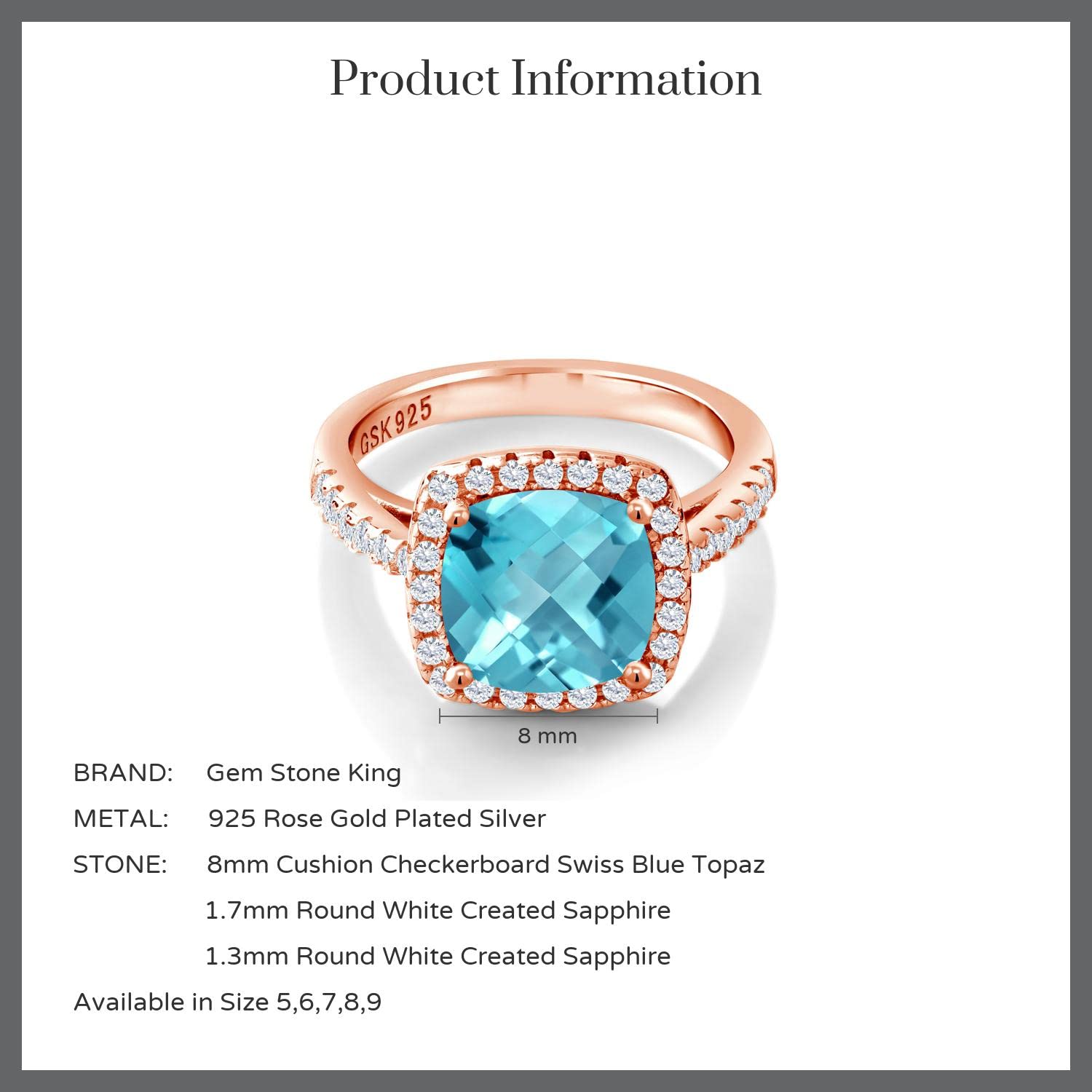 Gem Stone King 3.25 Ct Cushion Checkerboard Swiss Blue Topaz White Created Sapphire 18K Rose Gold Plated Silver Ring (Size 7)