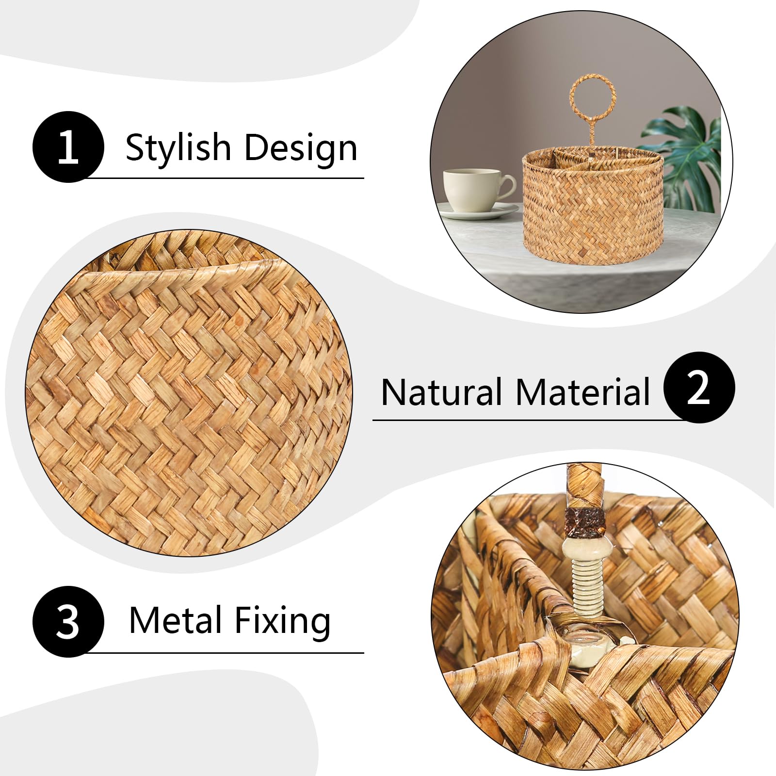 YIFANZHIBIAN Cutlery Holder, Hand-Woven Seagrass Utensil Caddy, Silverware Caddy Spoon holder, Utensil Organizer for Countertop, Flatware Caddy with Handle, Utensil Holder for Party Camping