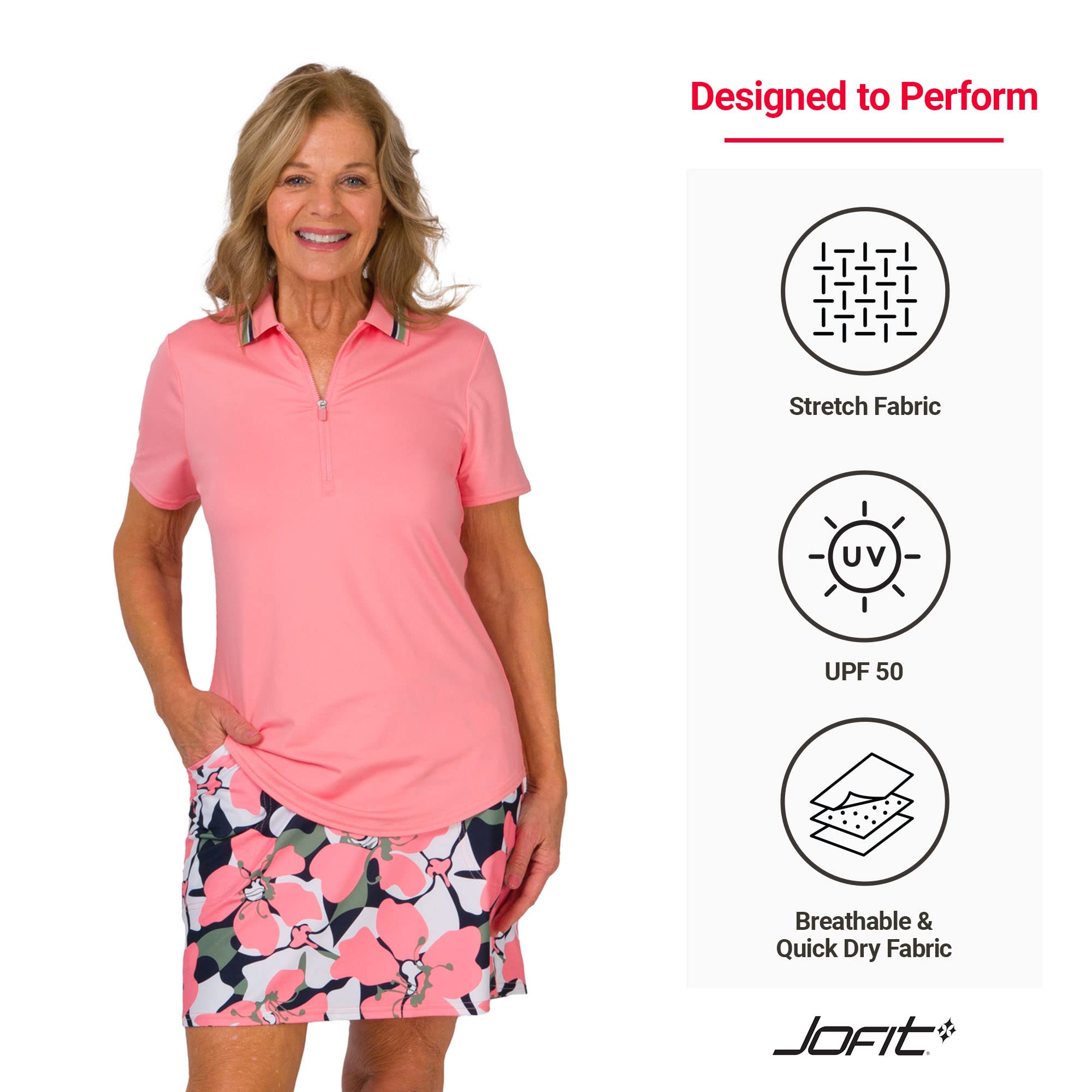 Jofit Apparel Women's Athletic Clothing Polo with Rib Collar for Golf & Tennis, Size Medium, Flamingo Pink