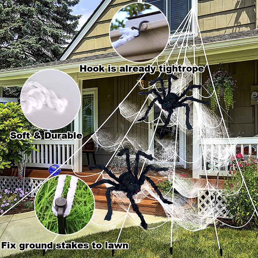 Halloween Decorations 276" Halloween Spider Web + 59" Giant Halloween Hairy Spider with Triangle Huge Spider Web for Indoor Outdoor Halloween Decoration Yard Lawn Home Party Haunted House Decor
