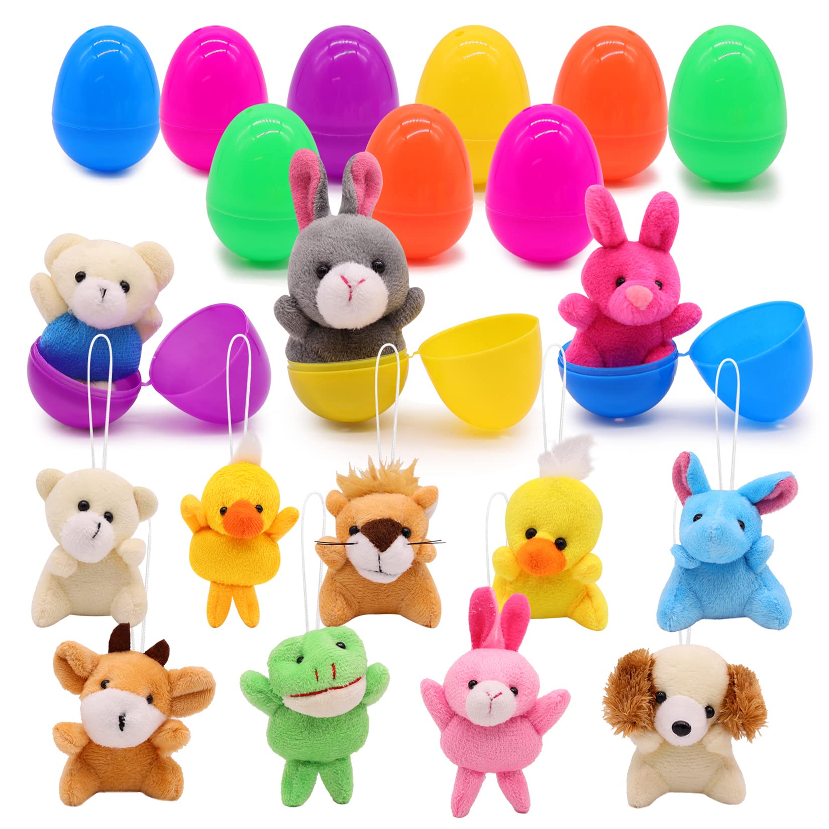 KOPHINYE Easter Eggs Filled with Mini Animal Plush Toy Set, 12 Pack Cute Stuffed Animal Keychain, Easter Basket Stuffed Animals for Easter Egg Hunt Party Supplies Favors, Easter Gifts for Kids