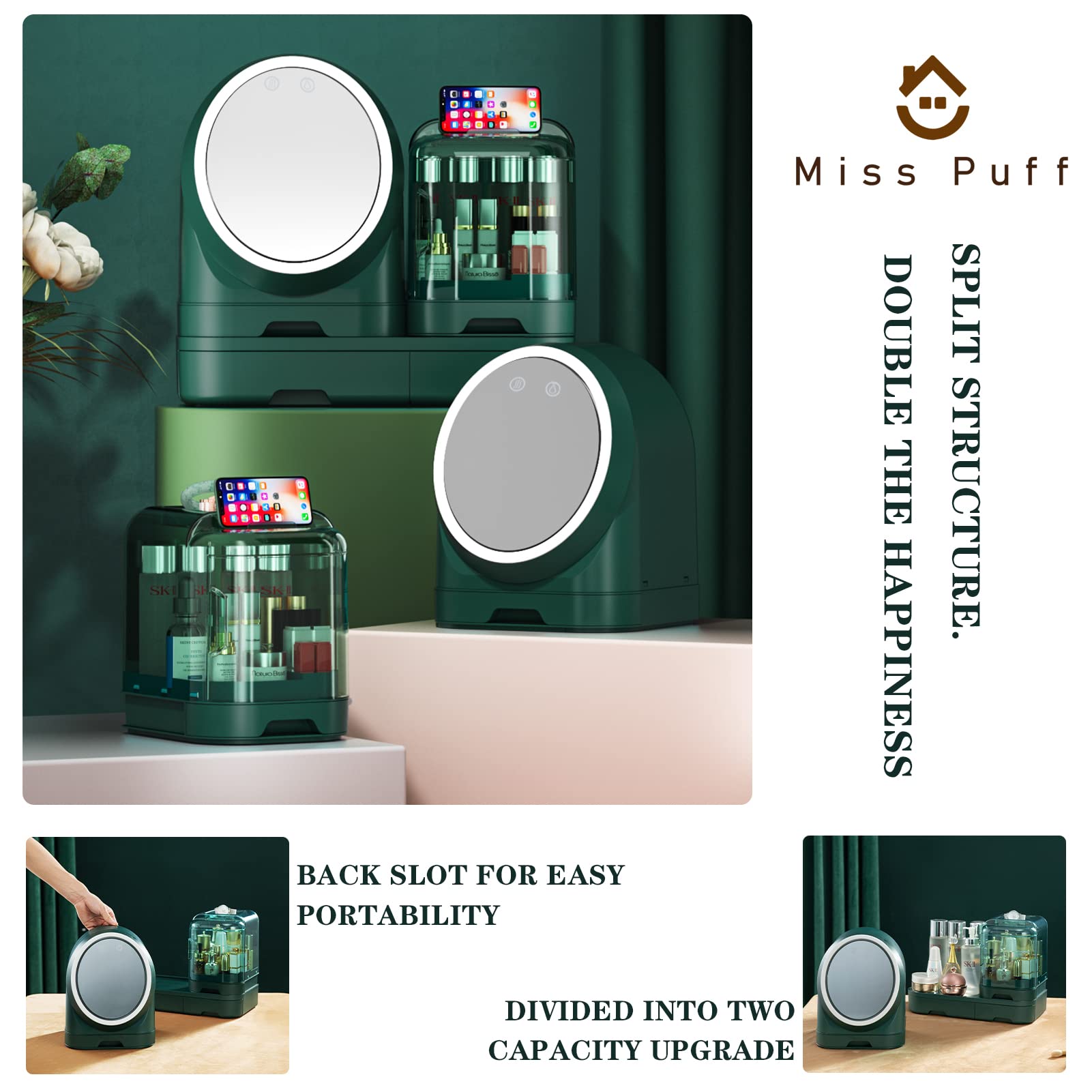 Miss Puff Makeup Organizer with LED Mirror and Fan, Large Capacity Cosmetic Storage Display Case, Waterproof and Dustproof Skincare Organizer for Bathroom and Vanity Dresser