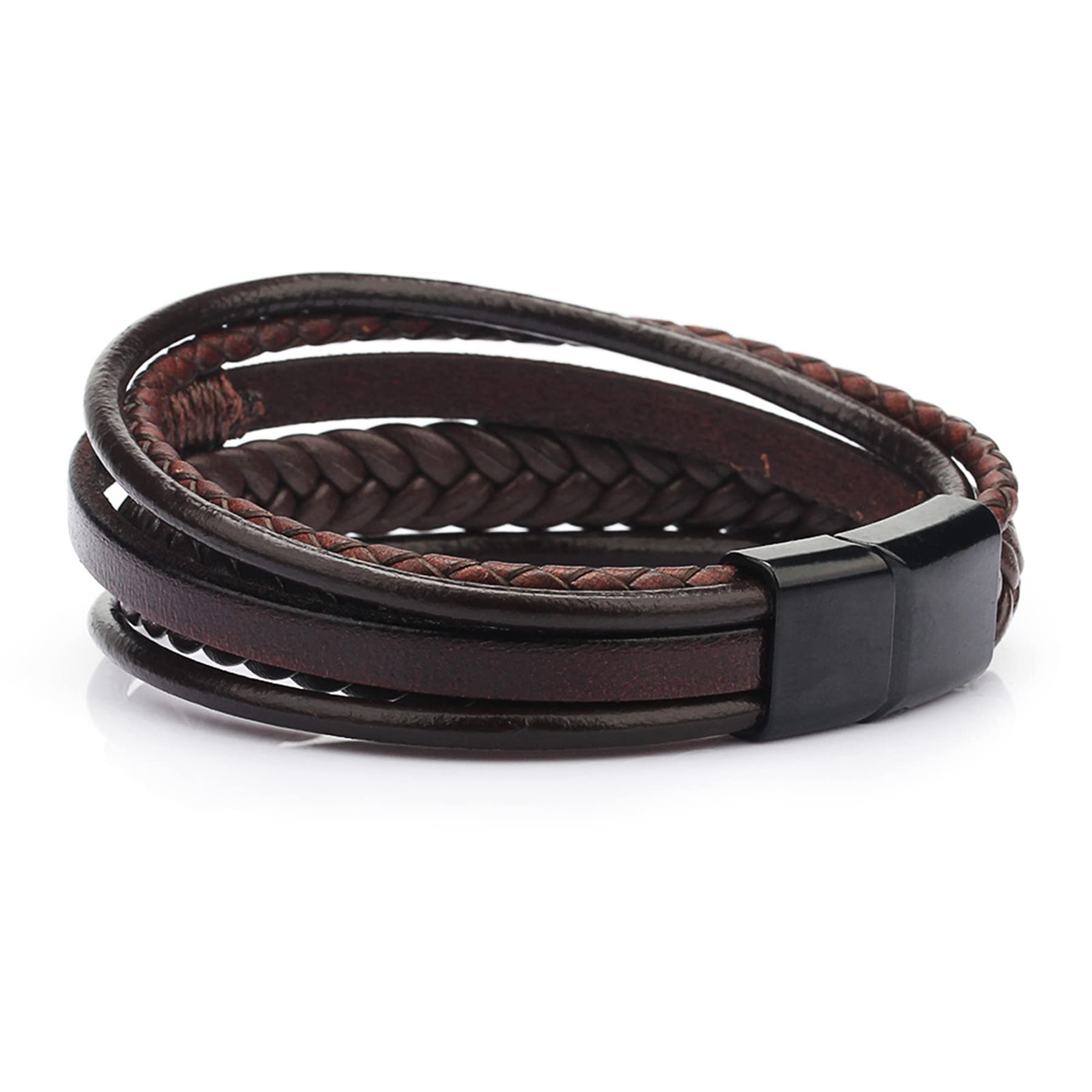Jaslee Multi-Layered Cowhide Leather Braided Bracelet Men Women 8.3 Inches Gifts for Couple-Brown&Silver