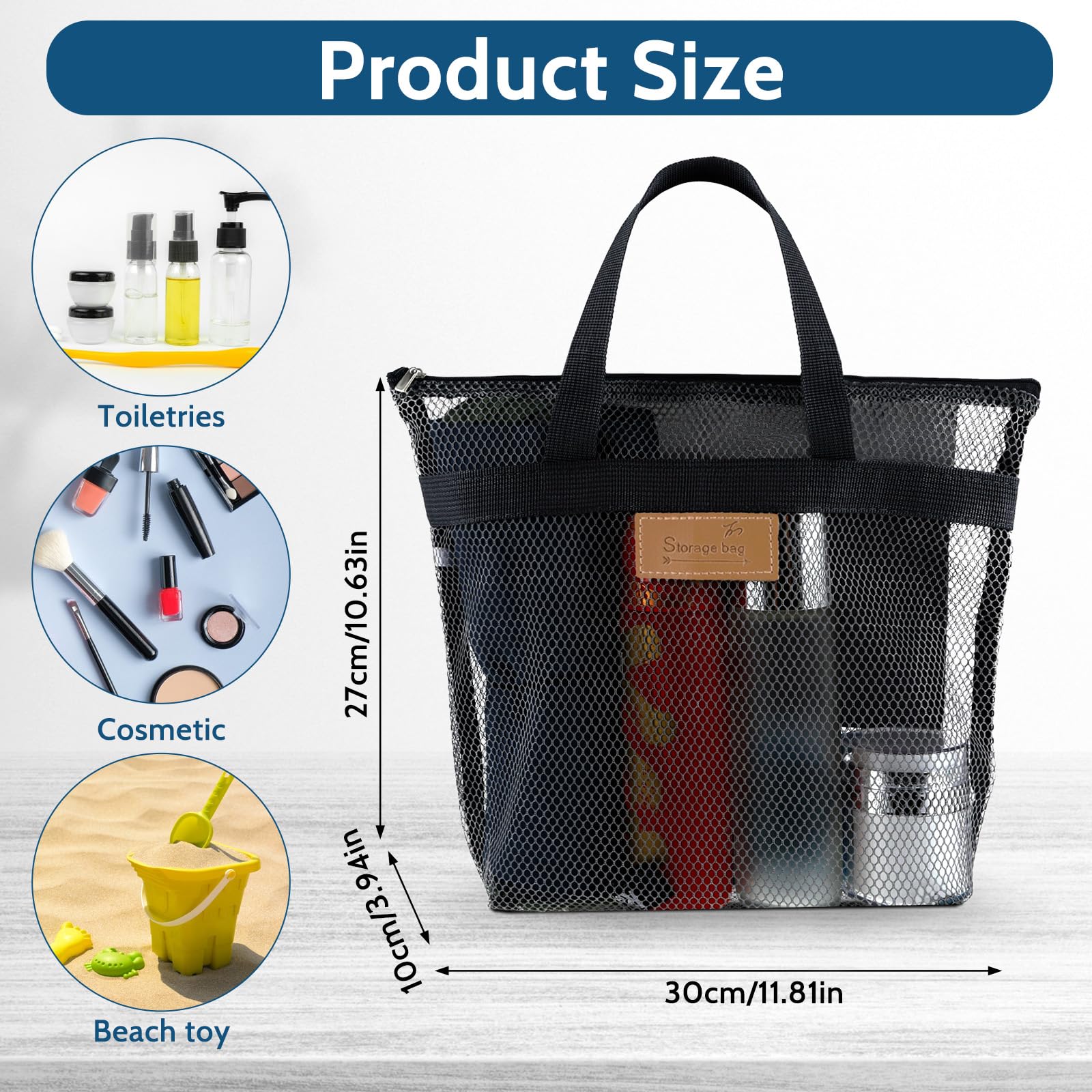 Molain Mesh Shower Bag, Large Capacity Portable Beach Bag Bath Organizer Travel Shower Bag for Travel, Gym, Swimming, Camping, College Dorms, Beach(Black)