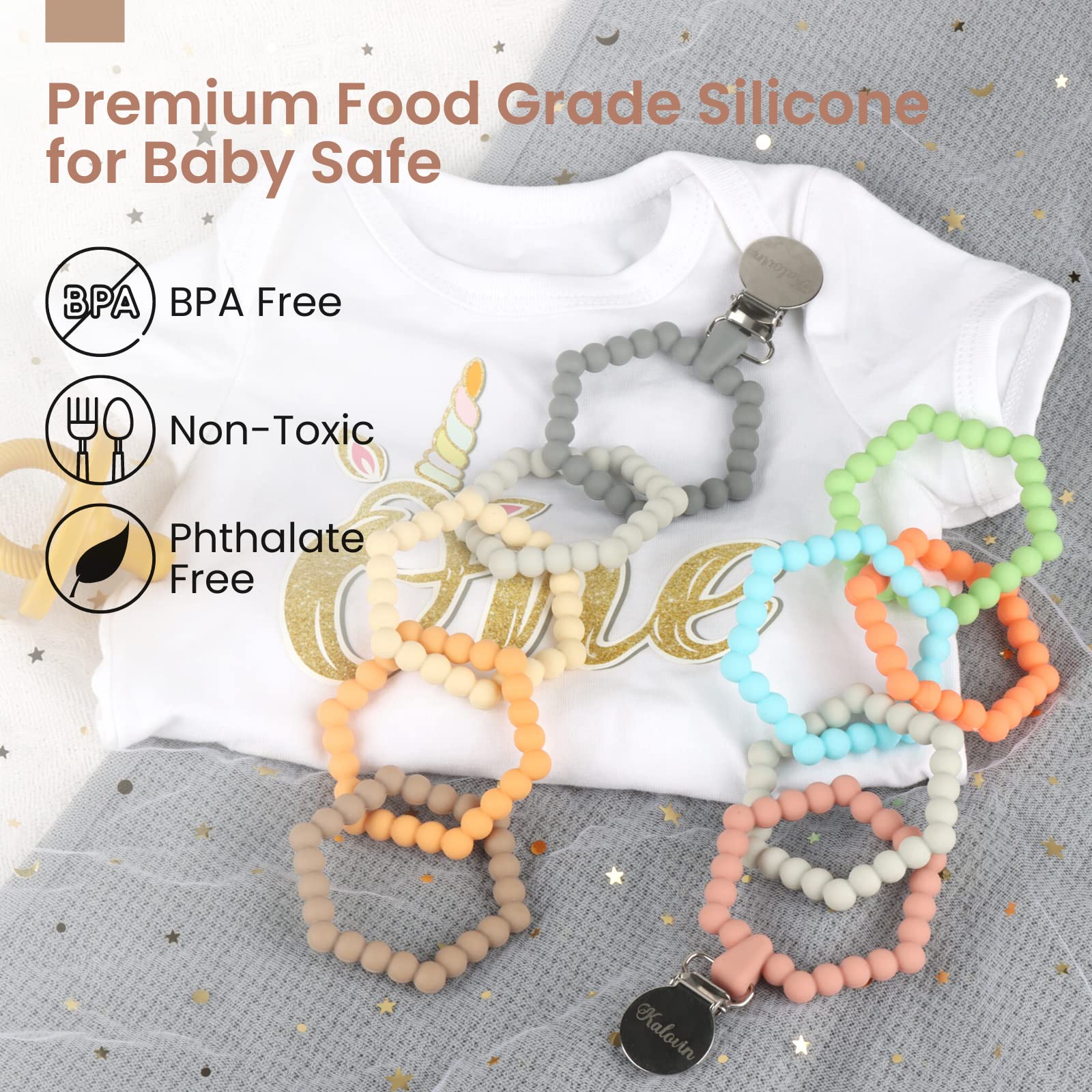 Kalovin Teether Rings, Silicone Sensory Teething Ring, Baby Teether Links Clip on Teether, Food Grade Silicone, BPA & Phthalate