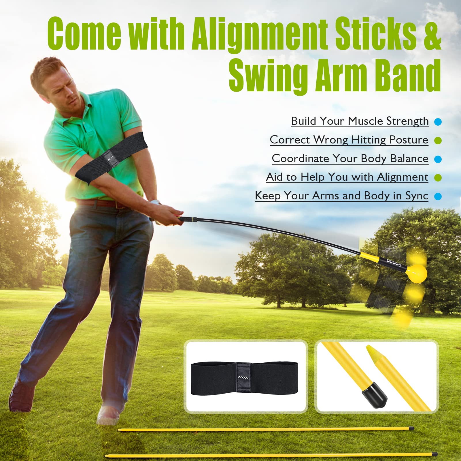 Googo Golf Flex Swing Trainer Aid, 48"/40" Golf Training and Correction Equipment Comes with Arm Band & Alignment Sticks, Golf Warm-up Stick for Strength Flexibility Tempo, for Men Women Beginners