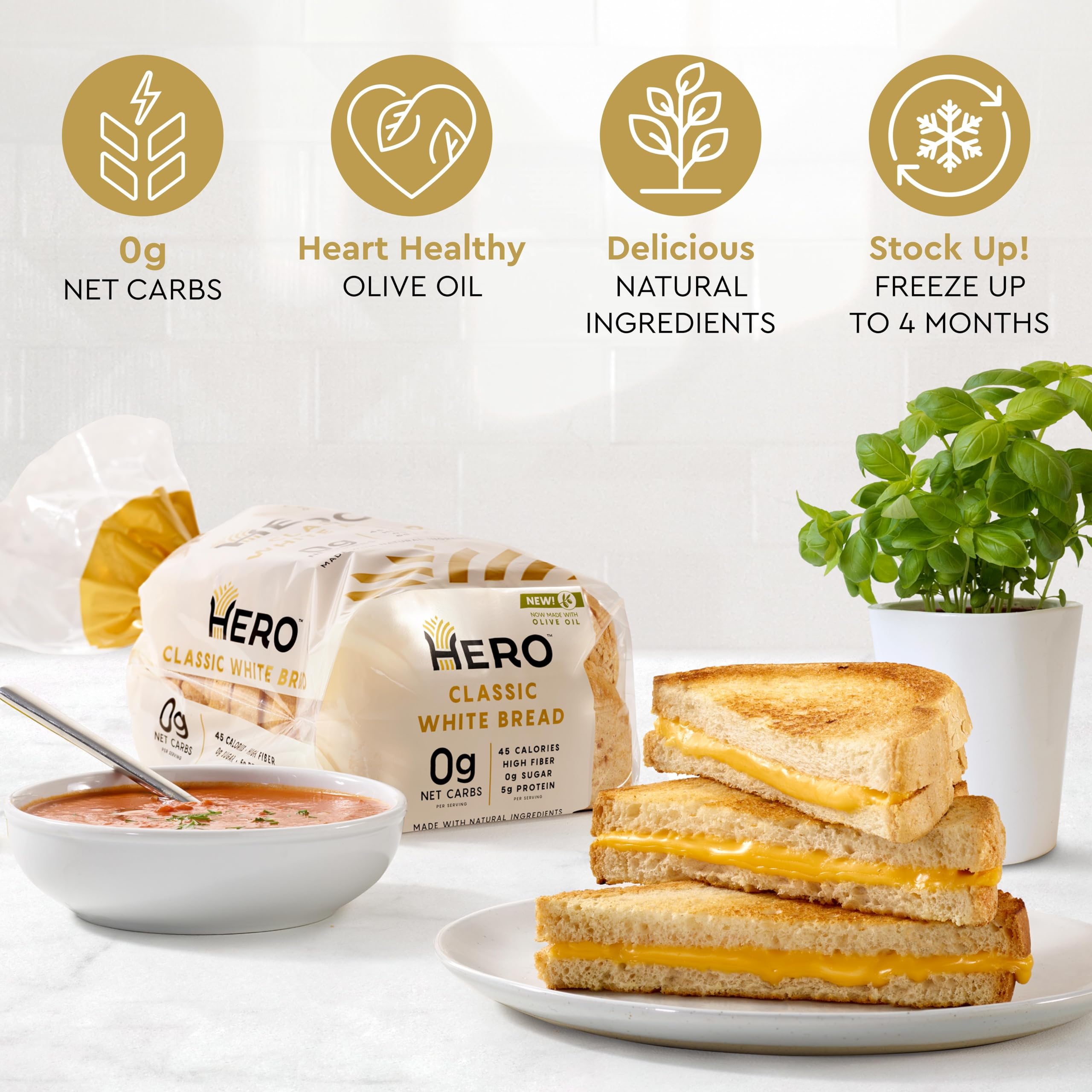 Hero Classic White Bread β Delicious Bread with 0g Net Carb, 0g Sugar, 45 Calories, 11g Fiber per Slice | Tastes Like Regular Bread | Low Carb & Keto Friendly Bread Loaf β15 Slices/Loaf, 2 Loaves