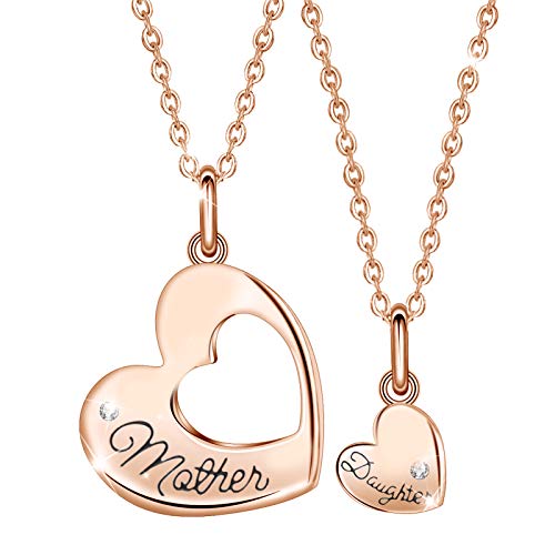 INFUSEU Rose Gold Mother Daughter Necklace Set for 2 for Mama Mom, Sterling Silver Small Dainty Tiny Heart Matching Jewelry for Women Teen Girls