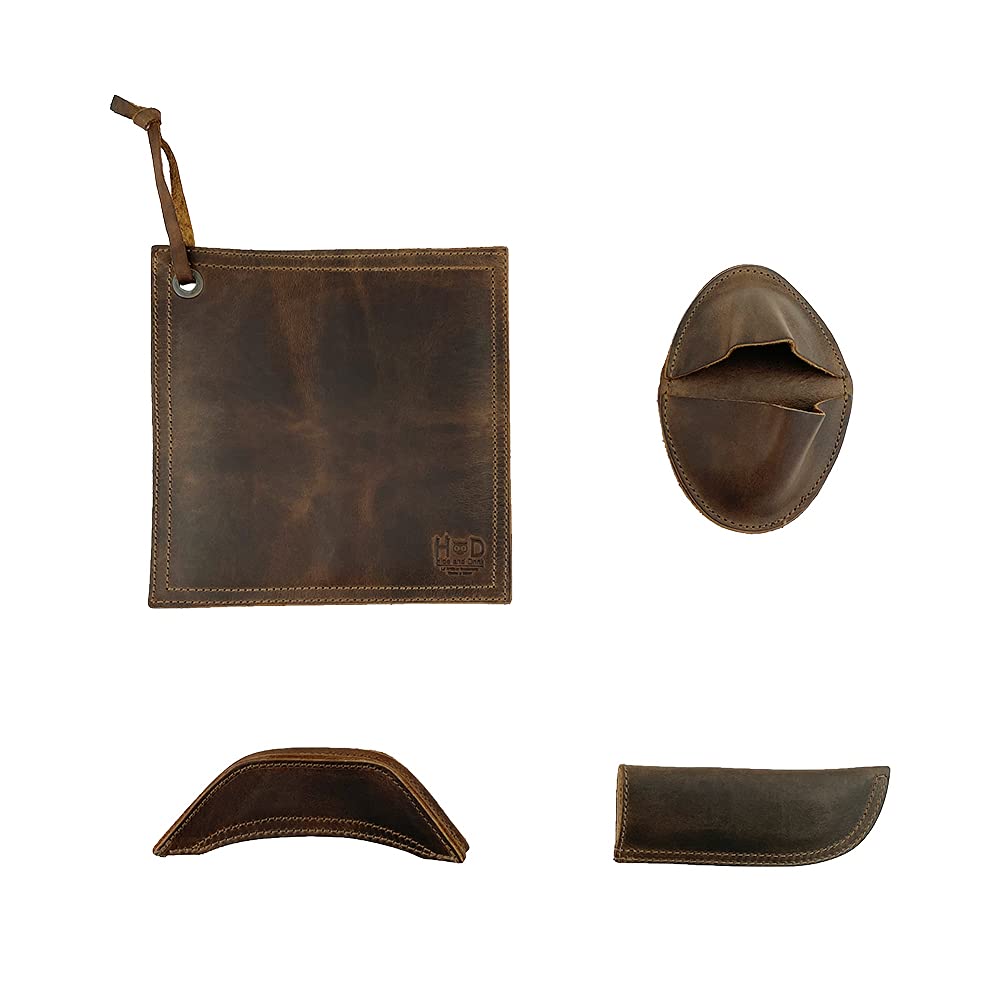 Hide & Drink, Set of 4 Hot Handle Holders, Panhandle, Side Kick, Grip Mitt & Square Pot Holder for Cast Iron Skillets & Pans, Full Grain Leather, Handmade, Bourbon Brown