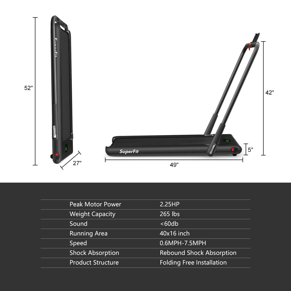 GYMAX Walking Pad, 2 in 1 Free Installation Under Desk Treadmill with Smart App, Remote Control & LED Display, 2.25HP Foldable Portable Compact Running Machine for Small Spaces Home Office (Black)
