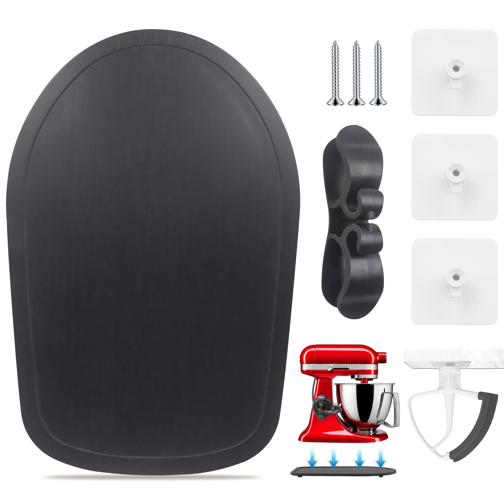 Mixer Slider Mat Cord Organizer Set for Tilt Head Kitchen Aid 4.5-5 Qt Stand Mixer, Kitchen Appliance Counter Organizers and Storage W/ 1×Cord Holder, 3×Attachment Holders Mixer Accessories (black)