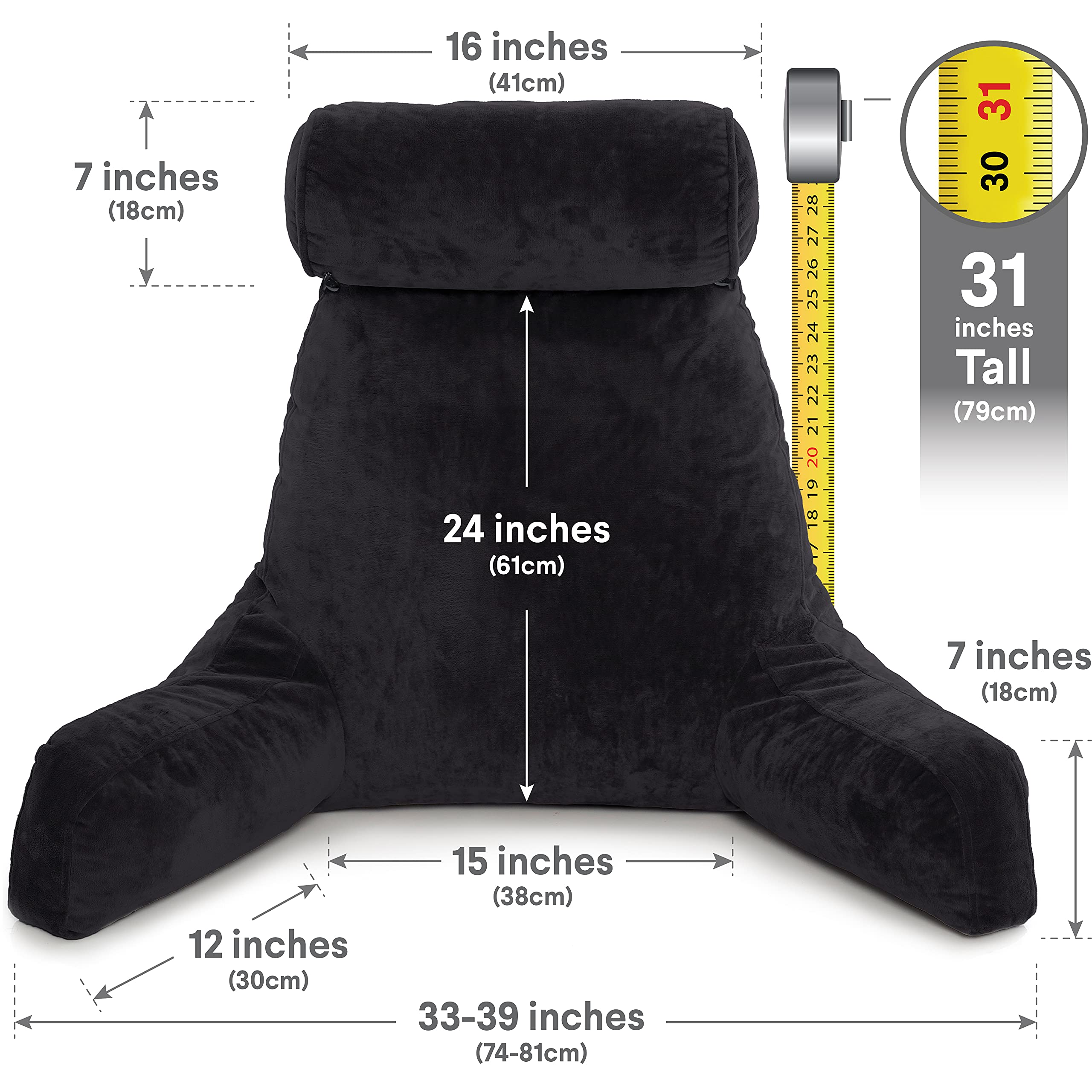 Husband Pillow Combo - Backrest Pillow with Arms : XXL Black & Lap Desk Bed Tray : Grey - Memory Foam Reading Pillows for Bed w/Removable Neck Roll & Laptop Bed Tray Table