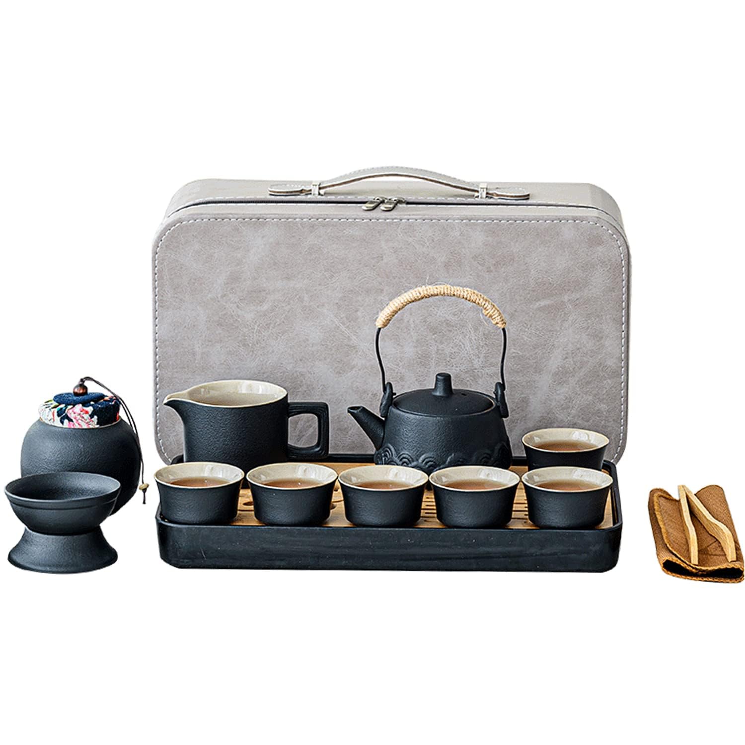 ICHAG Asian tea set |Kungfu tea sets |Ceramic Portable tea set |tea sets for adult |13-piece withgrey leather case |Tea set gift for Home, Outdoor, Business (Ceramic-Black teaset)