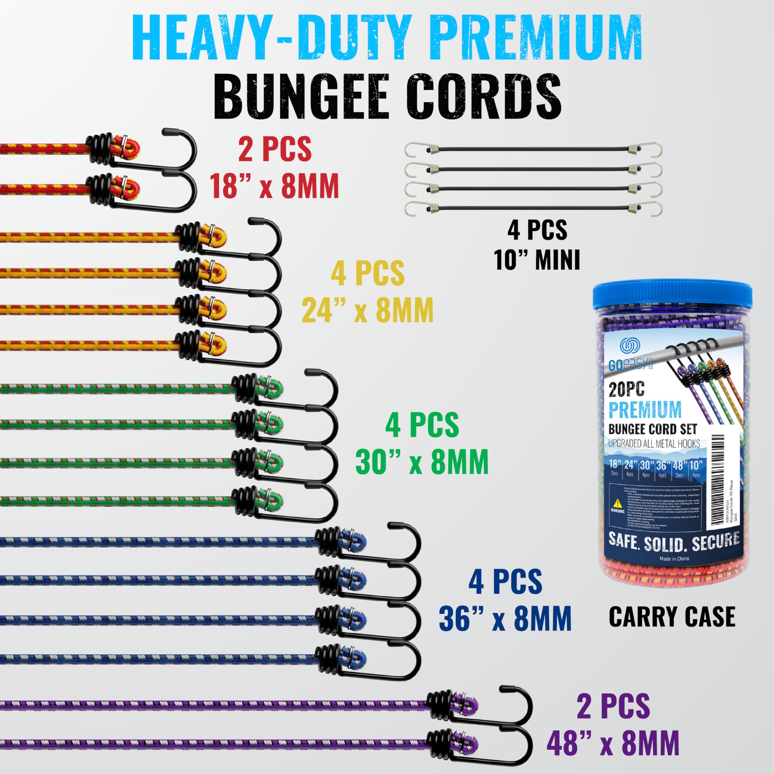GOEASY0312 Premium Bungee Cords Heavy Duty - 20 pcs Bungee Cords with Hooks in A Storage Jar Includes 10", 18", 24", 30", 36", 48" Bungie Cord Bundle