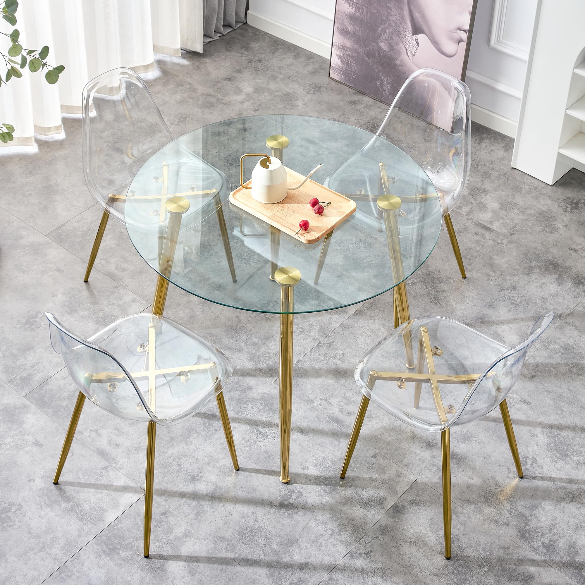 gopop Glass Dining Table Set for 4,5 Piece Round Dining Table Set,Gold Glass Dining Table with 4 White Leather Dining Chairs,Round Kitchen Table Set,Ideal for Apartment Living Room
