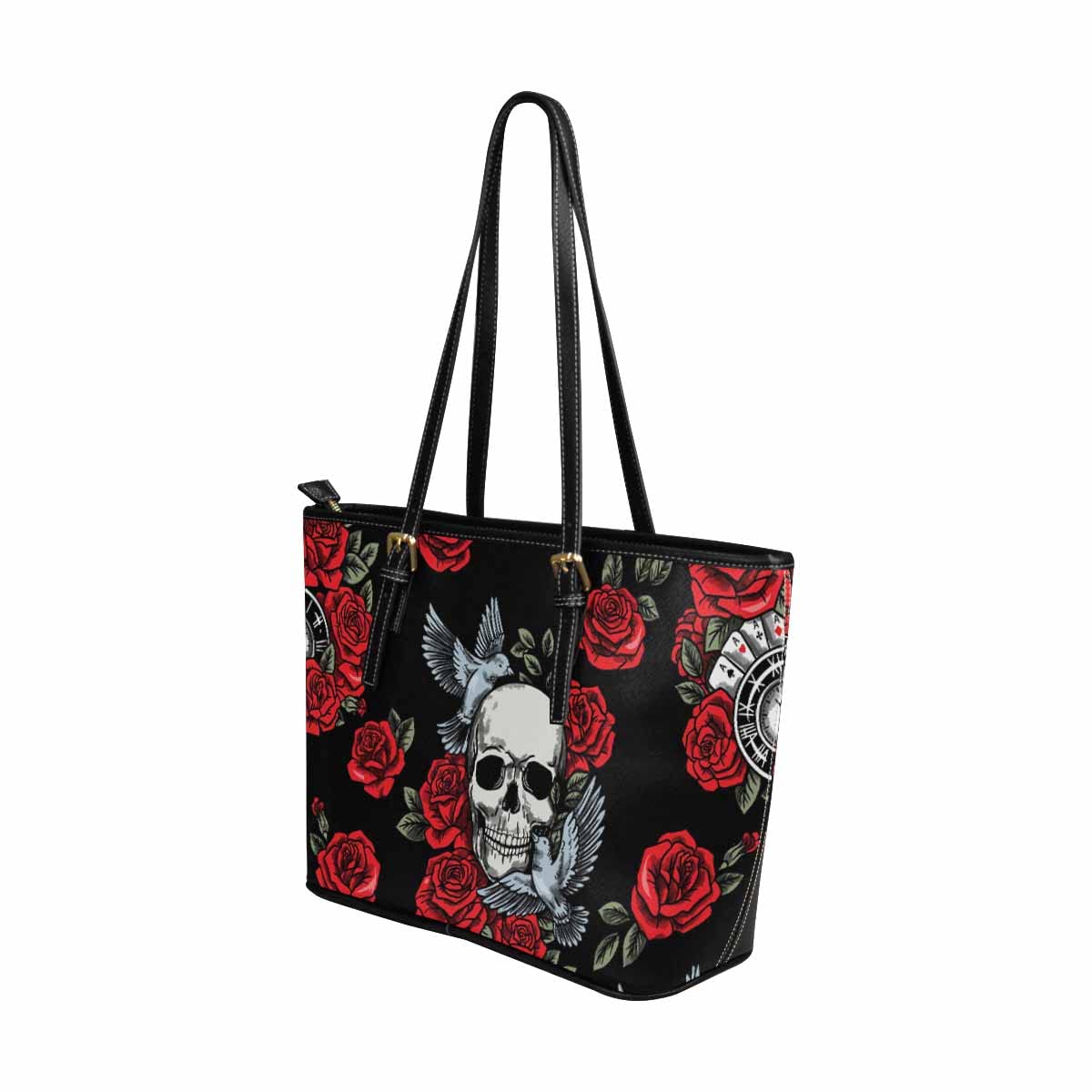 InterestPrint Handbags Ladies Purses Shoulder Bags Tote Bag Skull, Birds, Clock and Red Roses