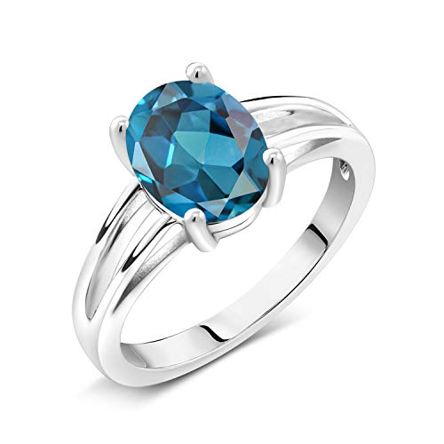 Gem Stone King 925 Sterling Silver London Blue Topaz Women Solitaire Engagement Ring (2.25 Ct Oval, Gemstone Birthstone Available in size 5, 6, 7, 8, 9)