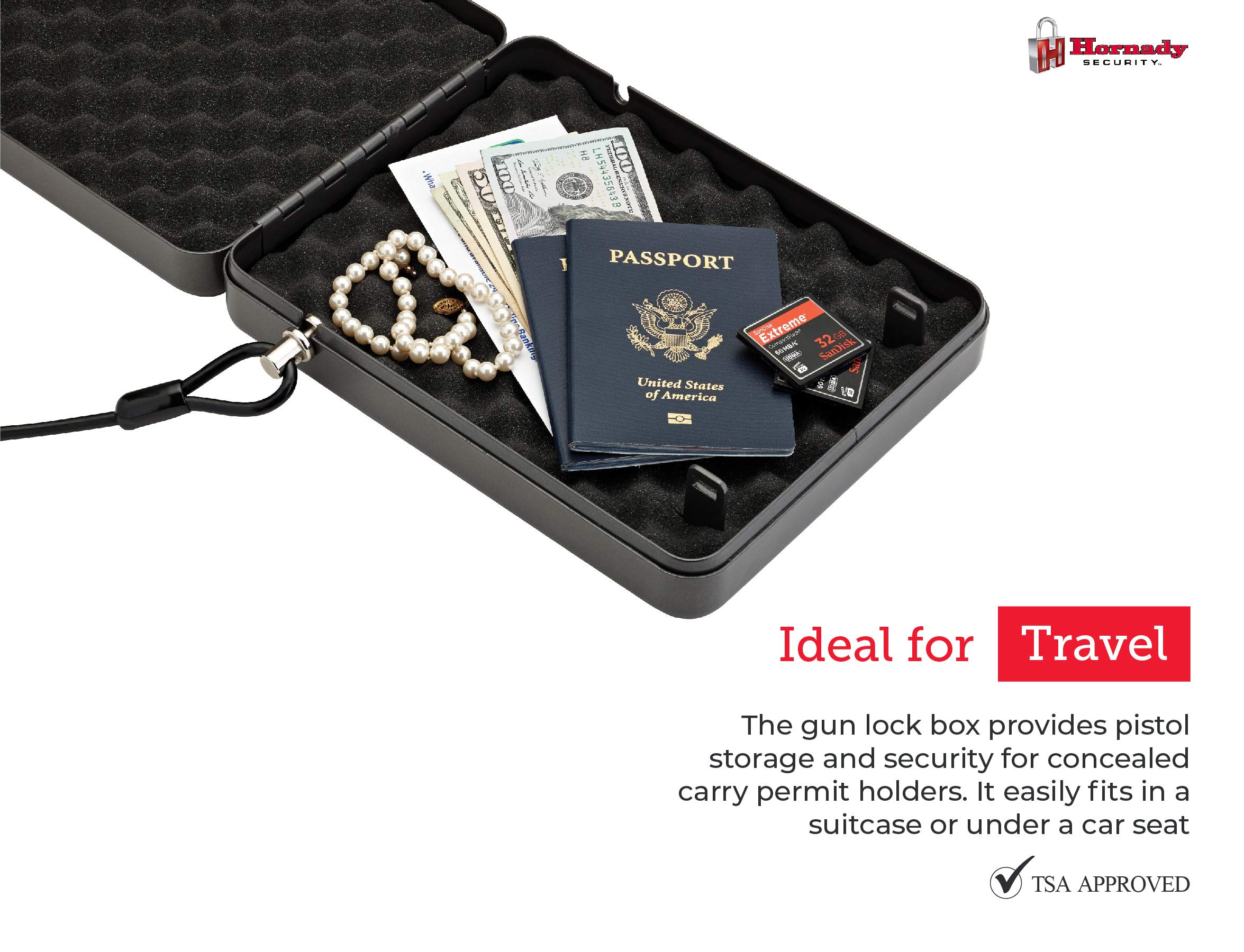 Hornady Alpha Elite Portable Lock Box for Guns and Valuables β Includes 2 Keys and 4 Foot Steel Cable β Thick 16-Gauge Steel, An Ideal Car Lock Box or Truck Safe β Black, 10.25 x 8 x 2.75 Inches