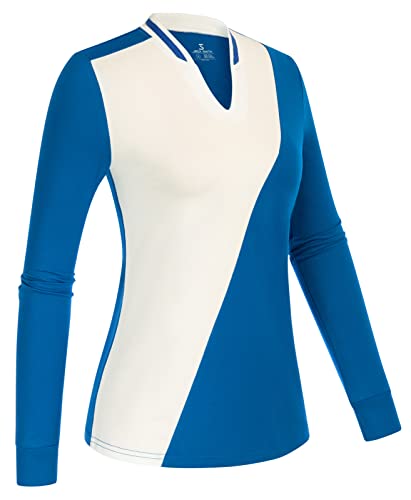 JACK SMITH Long Sleeve Tennis Shirts for Women Athletic Golf Apparel UPF 50+ Sun Protection T-Shirts Quick Dry (Blue&White S)