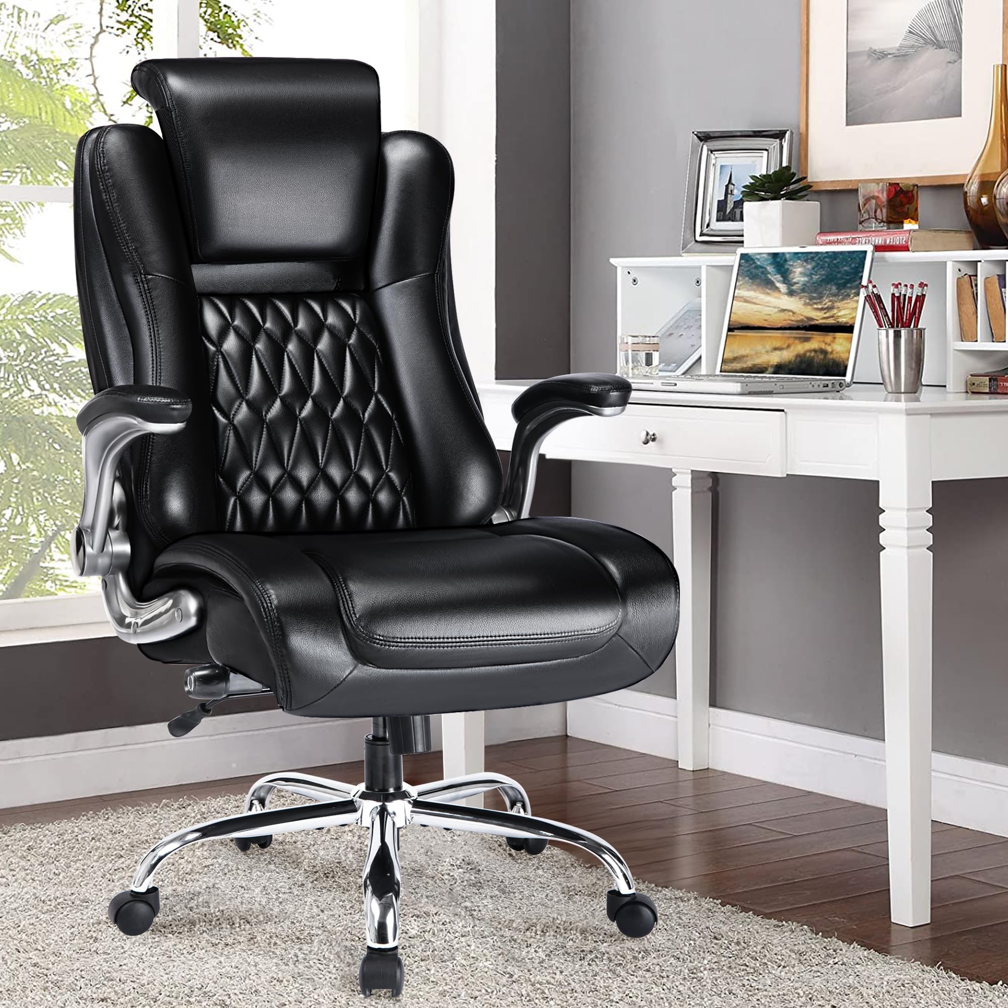 High Back Office Chair with Flip-up Armrests - Lifting Headrest, Built-in Adjustable Lumbar Support, Comfortable Home Office Chair, Executive Office Chair, Ergonomic Design, Sturdy Metal Base