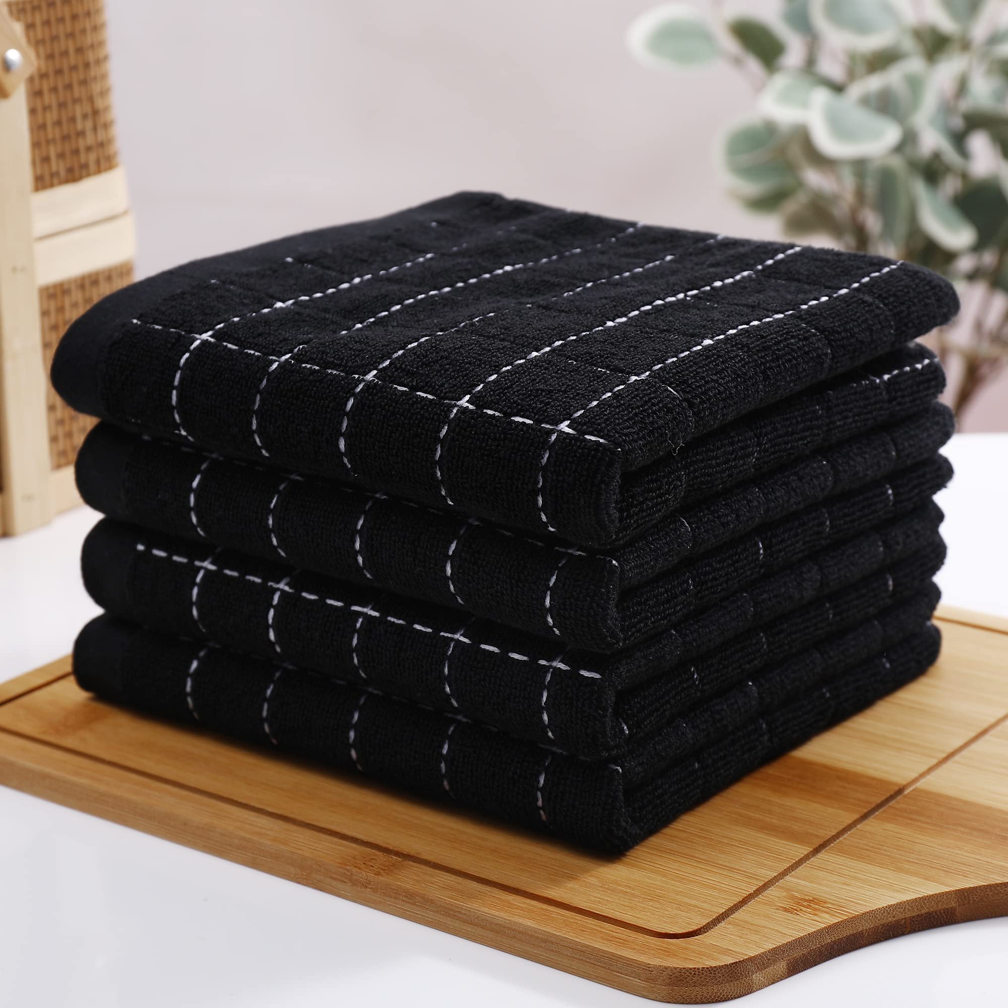 Homaxy Kitchen Towels and Dishcloths Set, 12 x 12 and 13 x 28 Inches, Set of 10 Bulk Cotton Terry Kitchen Towels Set, Checkered Designed, Soft and Super Absorbent Dish Towels, Black