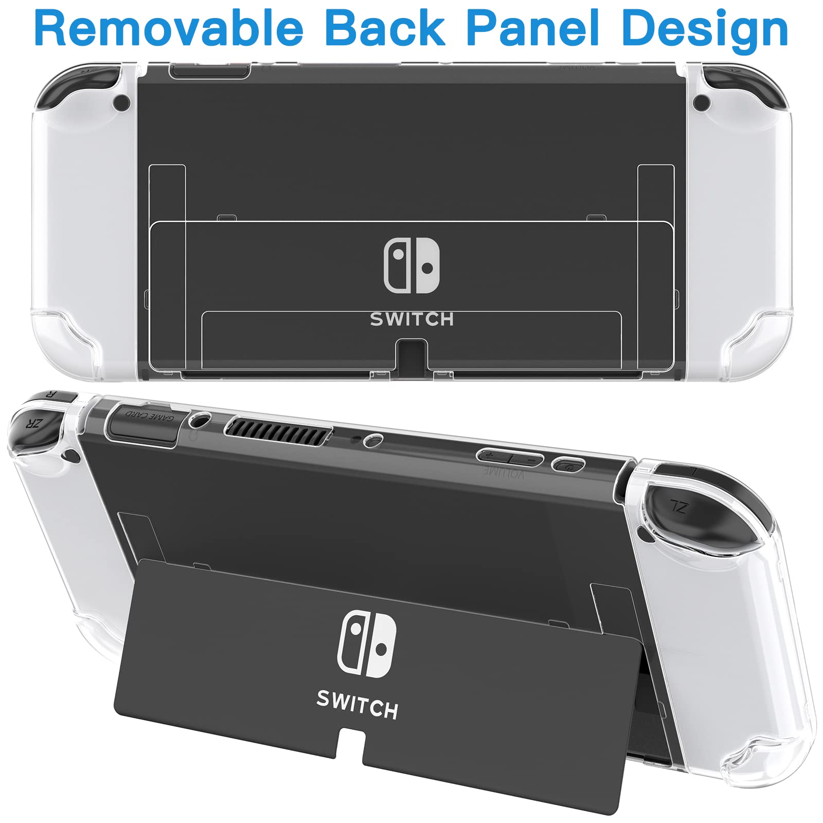 HEYSTOP Switch OLED Case Protector Compatible with Nintendo Switch OLED Model, Removable Hard PC Shell Dockable Switch OLED Protective Case Accessories with Screen Protector & Thumb Grip Caps, Clear