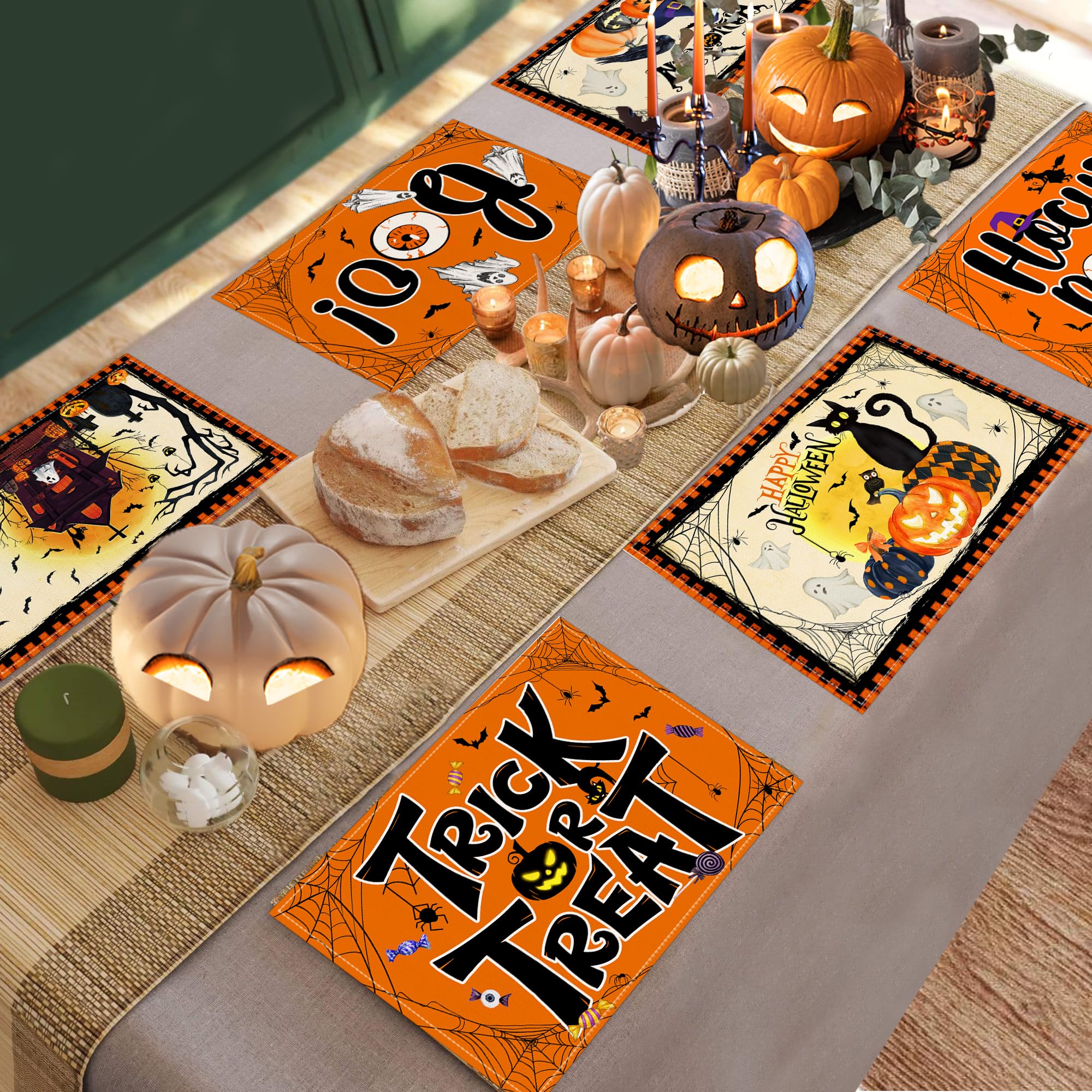Halloween Placemats Set of 6,12x18 Inch Halloween Decorations Place Mats for Dining Table with Treat or Trick