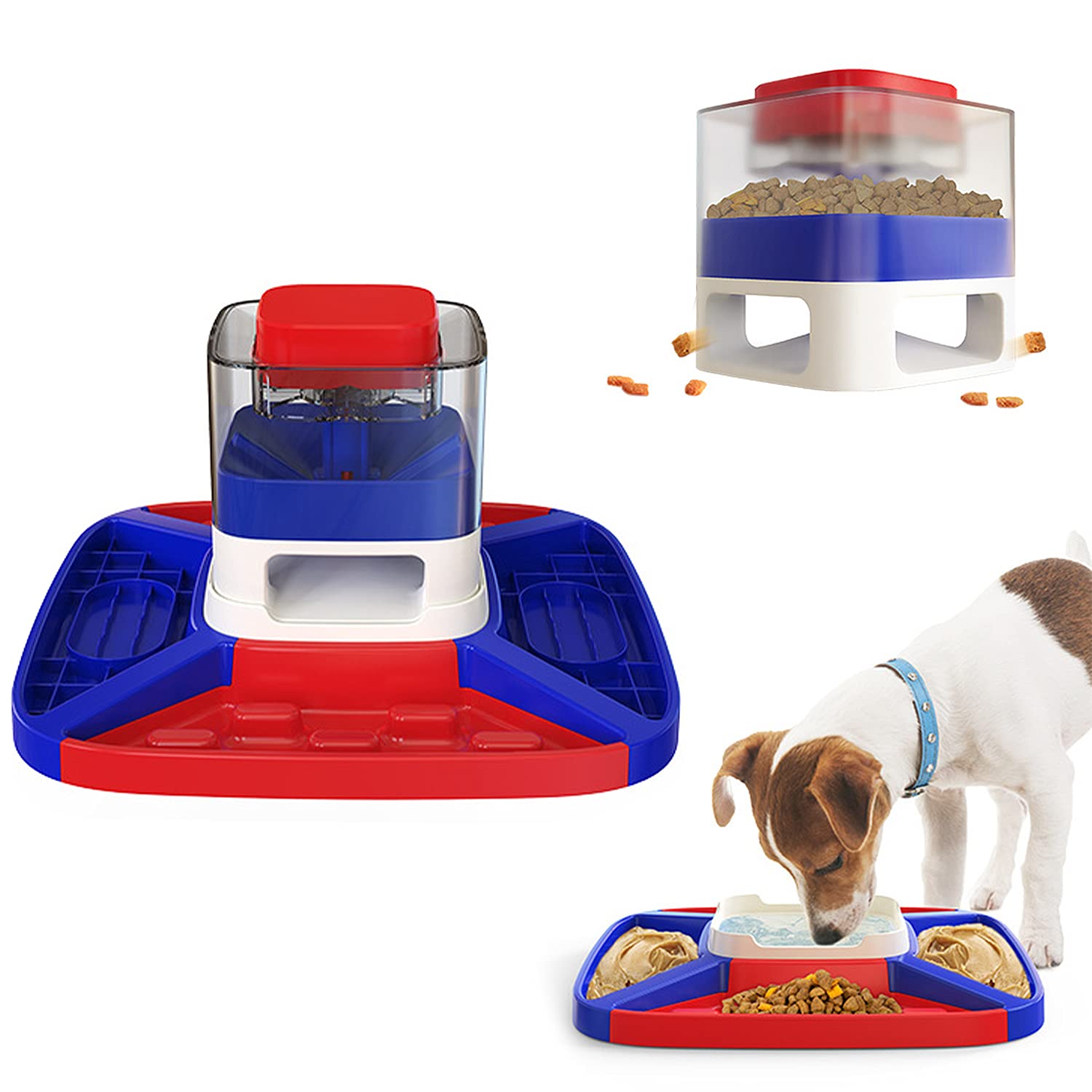 Gesuche Pet Automatic Feeder+Pet Slow Feeder,Interactive Dog Toys,Dog Food Dispenser Interactive Button Trigger Dog Treat Dispensing Toys Fun Feeding for Small Medium and Large Breed (Upper Half)