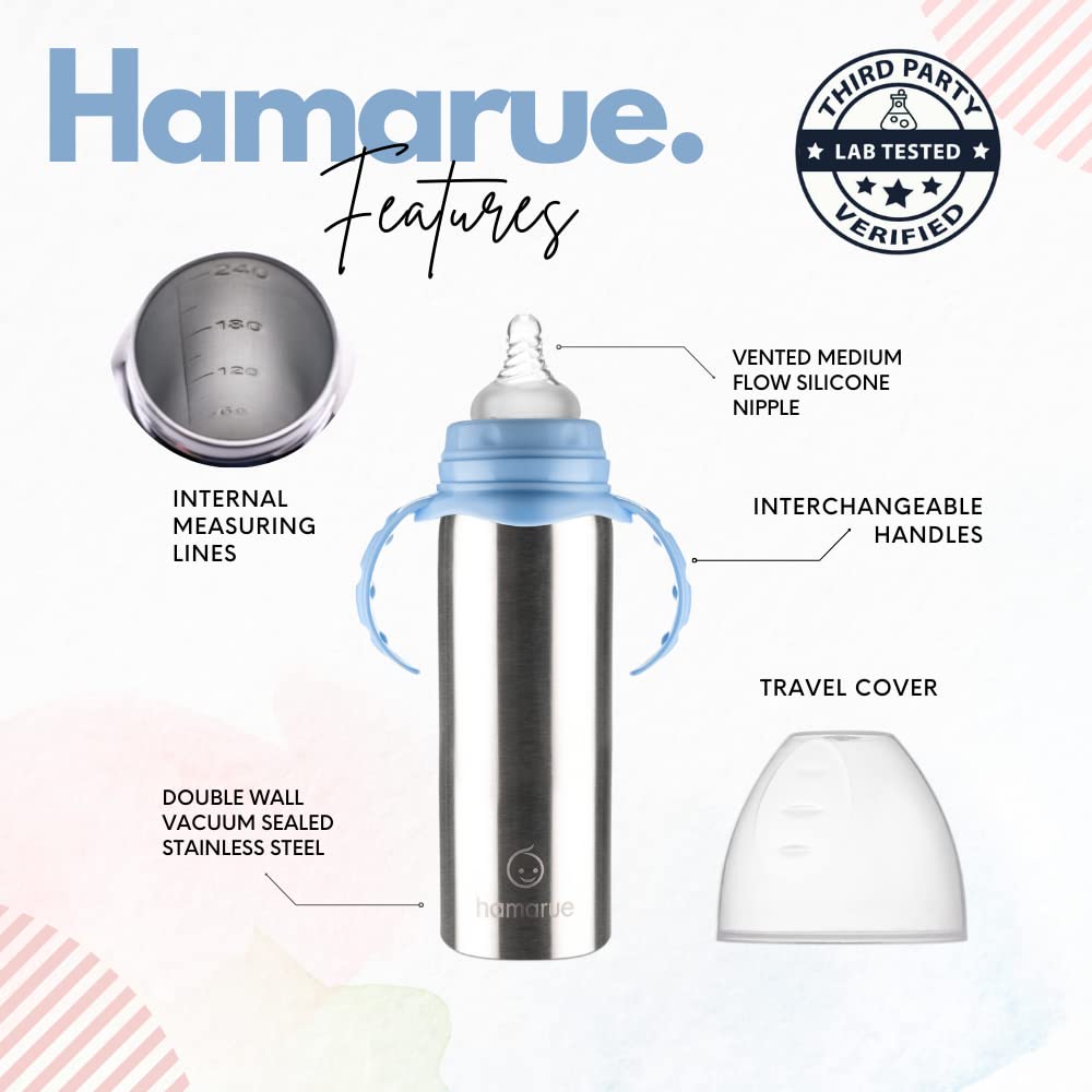 Hamarue 3-in-1 Stainless Steel Sippy Cups for Toddlers | Non-Toxic Insulated Stainless Steel Baby Bottle | Straw Cup With Removeable Handles | Plastic Free Liquid Transfer (8 oz, Bluel)