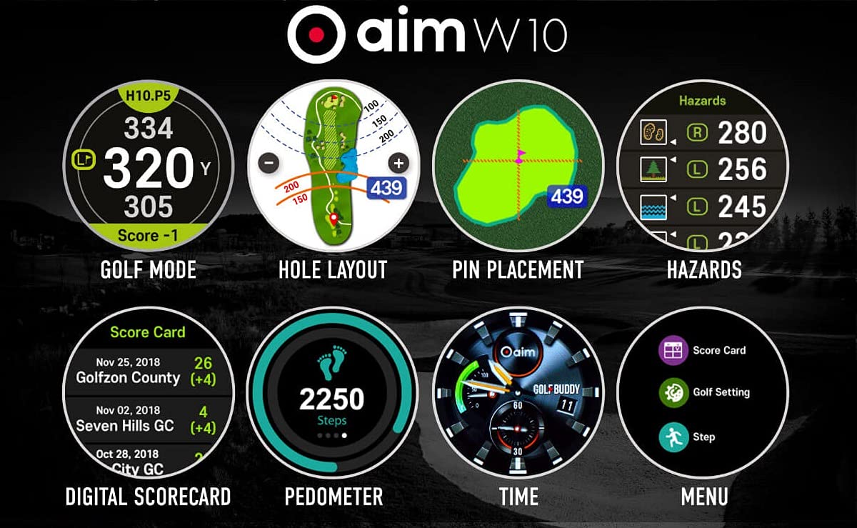 GOLFBUDDY Aim W10 GPS Watch, Advanced Smart Golf Watch, Full-Color Touch Screen, 40,000 Preloaded Courses, Red/White/Blue & Black Wristband