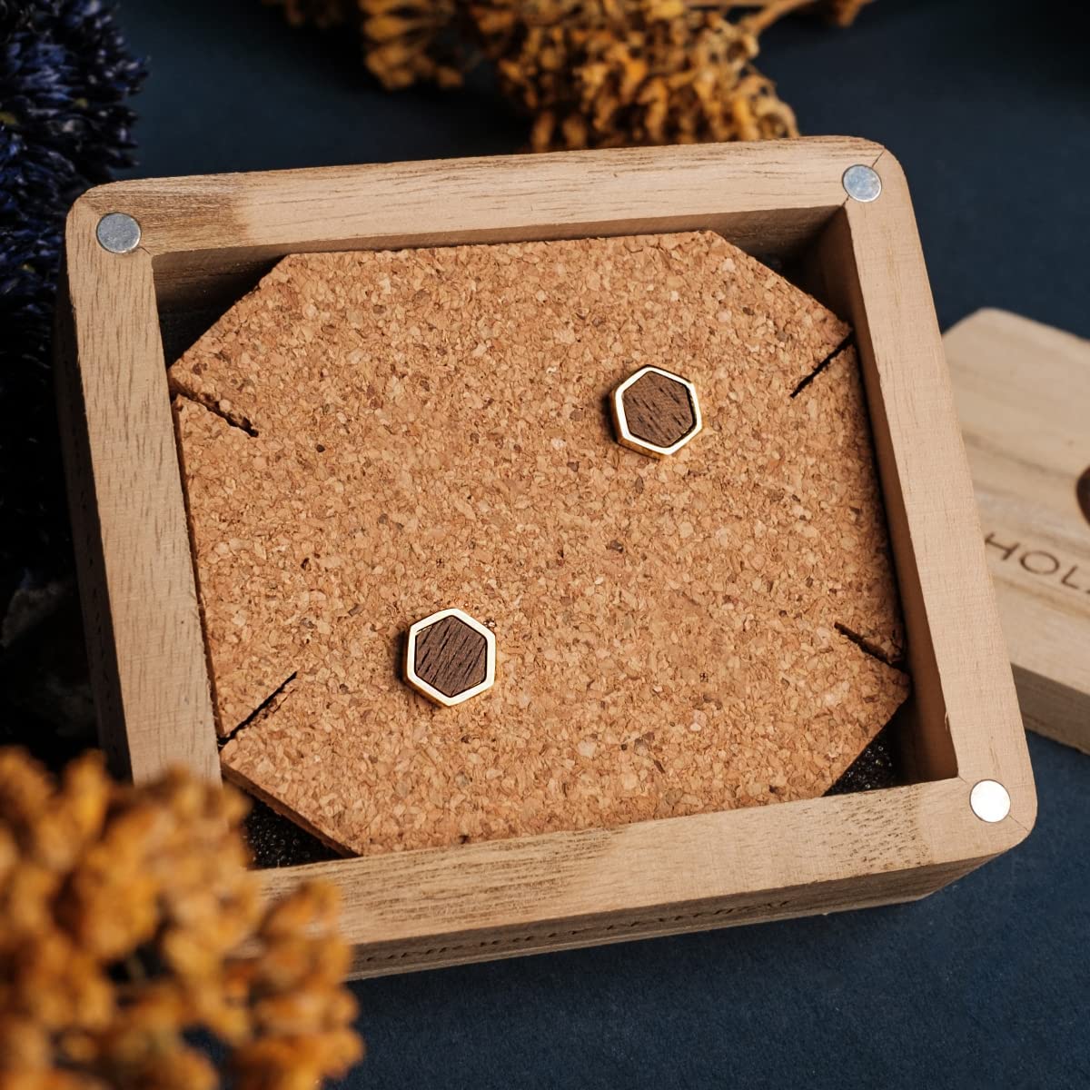 HOLZKERN Facade Composition, 24k Gold Earrings for Women with Unique Walnut Wood