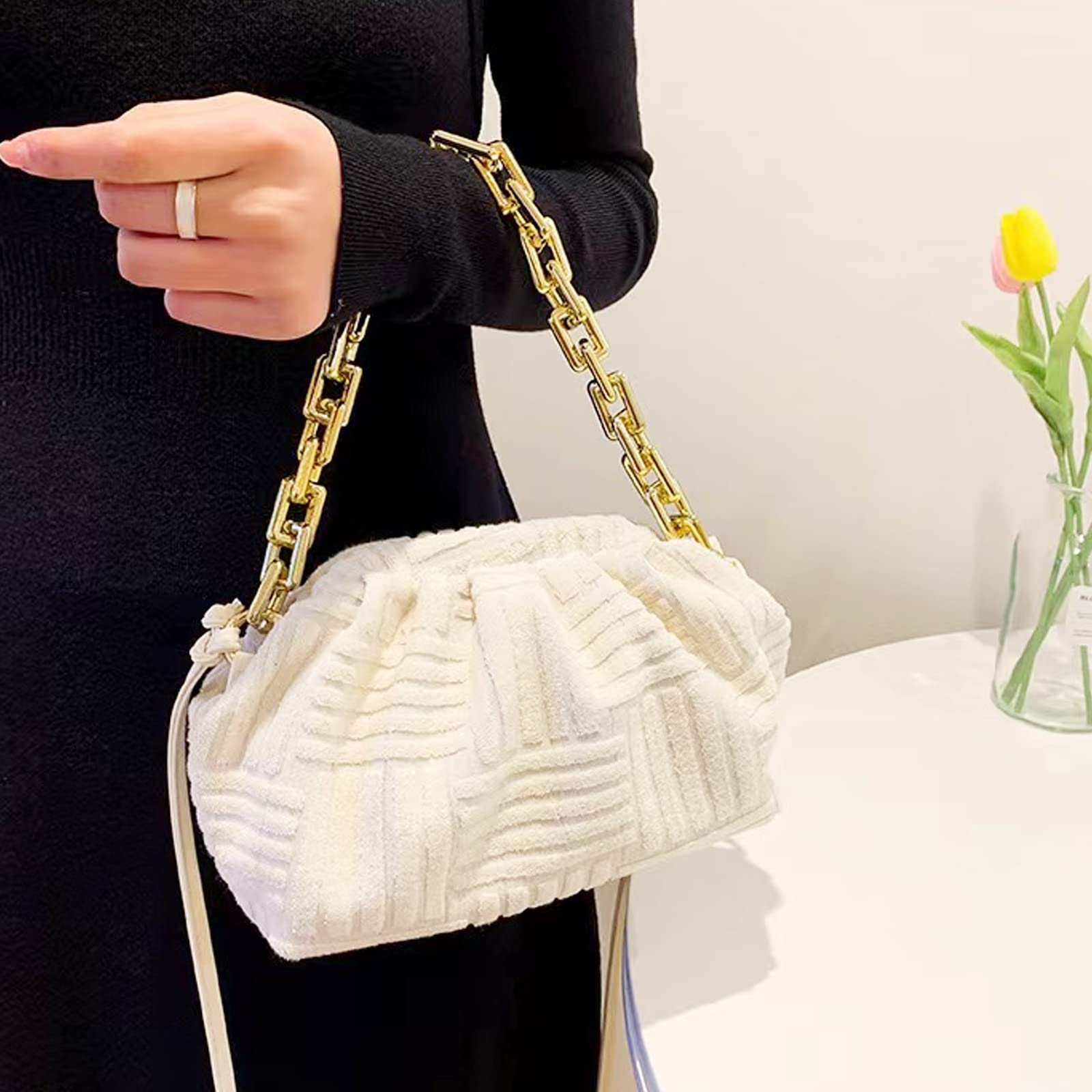 Jacquard Pattern cotton cloud shape dumpling handbag clutch purse for women shoulder hobo bag dupes(White)