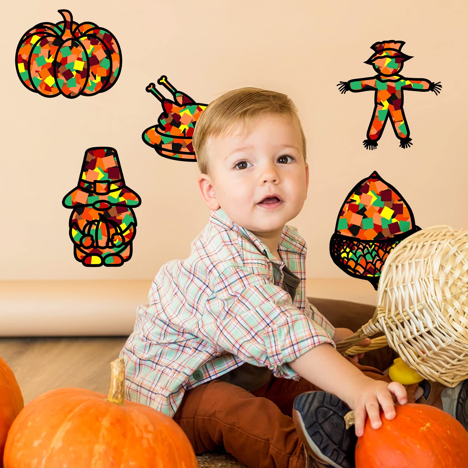 Gueevin 18 Sets Thanksgiving Stained Glass Effect Paper Suncatchers Thanksgiving Suncatcher Kit DIY Suncatcher Paper with tissue paper and glue sticks for Children Window Classroom Arts and Crafts