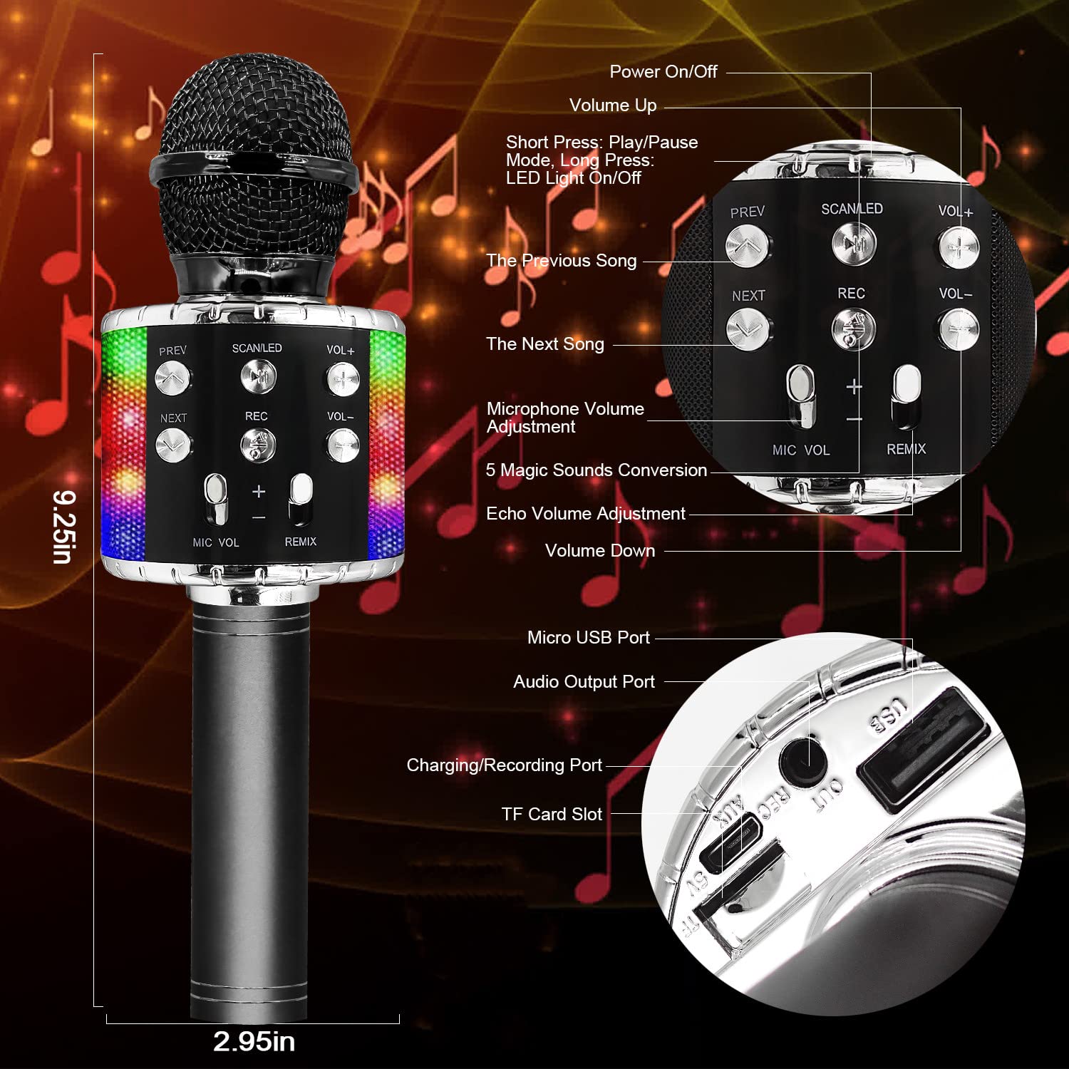 Howeifull Bluetooth Karaoke Microphone Wireless Kids Microphone for Singing, Handhled Karaoke Machine with LED Lights, Great Gifts for Girls Boys Adults All Age