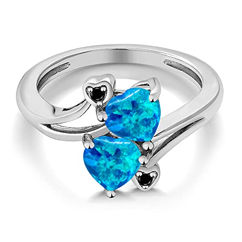 Gem Stone King 1.53 Ct Heart Shape Blue Simulated Opal 925 Sterling Silver Black Diamond Ring (Size 7)
