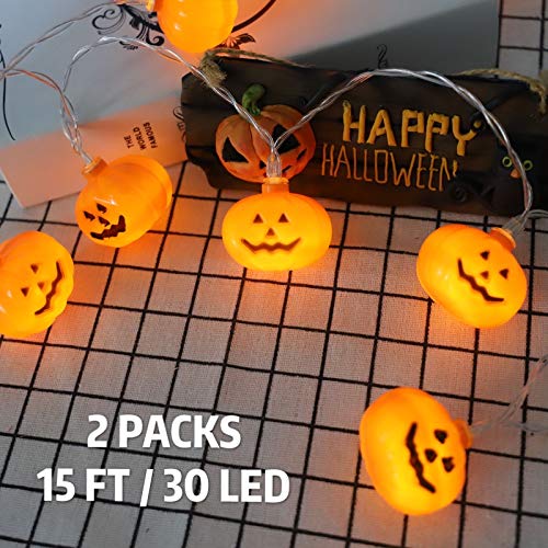 Halloween Pumpkin Lantern String Lights - 2 Packs 15 Ft 30 LED Jack-O-Lantern Pumpkin Light, Outdoor Waterproof Battery-Powered, Pumpkin Halloween Decorations for Patio, Garden, Yard, 8 Modes