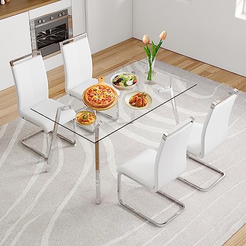 Glass Dining Table Set for 4,Rectangle Dinner Table with 4 White Leather Kitchen Chairs,51 in Kitchen Room Dining Set,0.31β Tempered Glass Table Top with Silver Metal Legs,4 Dining Chairs