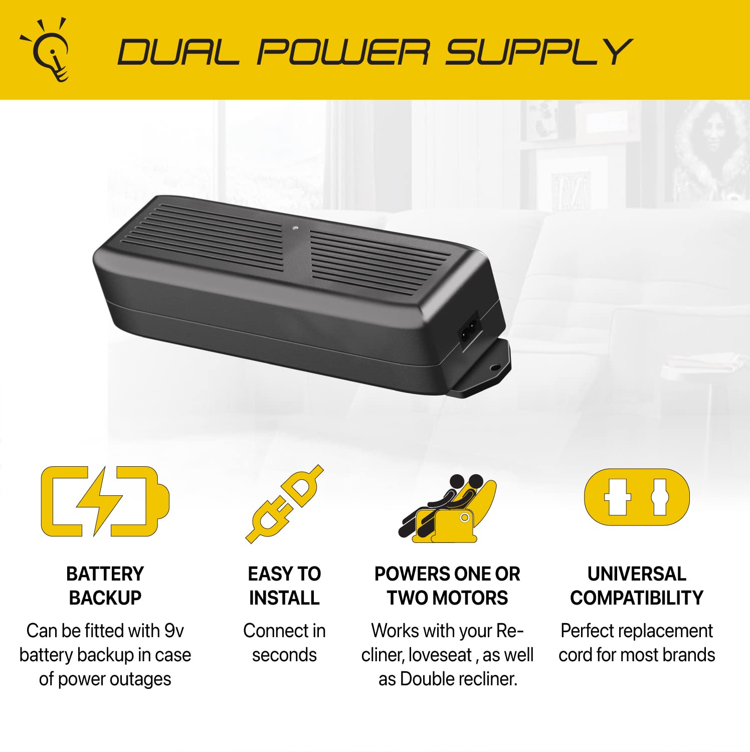 IdeaEuropa Dual Motor Power Supply Transformer Kit for Power Recliner, Sofa, Sectional or Loveseat. 29V 2A AC Power Cord Cable, Extension and Y Splitter Cable