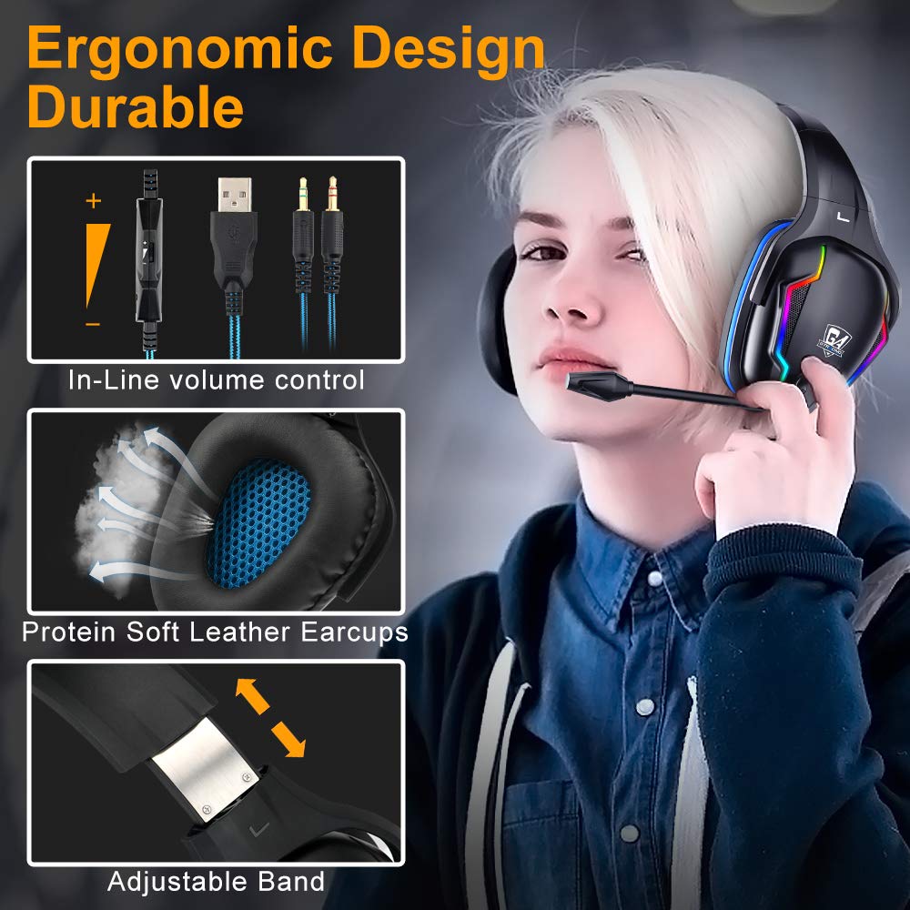 GTRACING Gaming Headset for PC - Computer Headphones with Surround Sound Stereo Noise Canceling Mic/Microphone RGB Light - Gaming Headphones for Nintendo Switch, PS4, Console Laptop,Blue