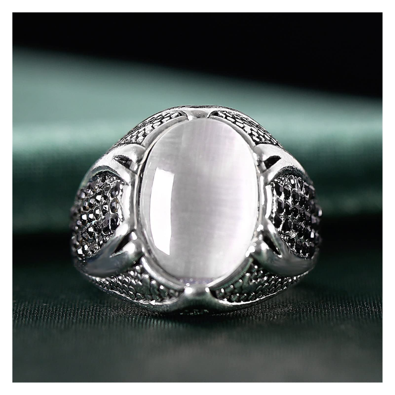 HOYEDNK Antique Ring Men's Ring White Agate Stone with Black Rings Jewelry Gift (Main Stone Color : Silver, Ring Size : 10)
